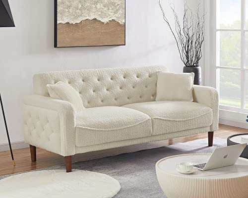 Aoowow Teddy Fabric Sofas and Couches 78 Inches Long, Mid Century Modern Couch Tufted Back Sofa with 2 Throw Pillows, Armrest and Wooden Legs for Living Room, Apartment, Bedroom (Beige)
