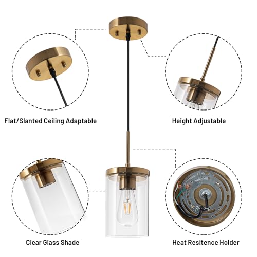 OUVR Gold Pendant Light Fixtures,5 Inch Globe Pendant Lights Kitchen Island with Clear Glass, Hanging Lights for Kitchen Island, Dining Room, Bedroom, Hallway, Farmhouse - 1 Pack