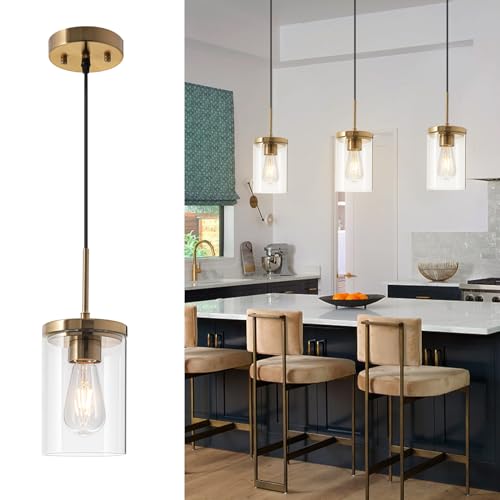 OUVR Gold Pendant Light Fixtures,5 Inch Globe Pendant Lights Kitchen Island with Clear Glass, Hanging Lights for Kitchen Island, Dining Room, Bedroom, Hallway, Farmhouse - 1 Pack
