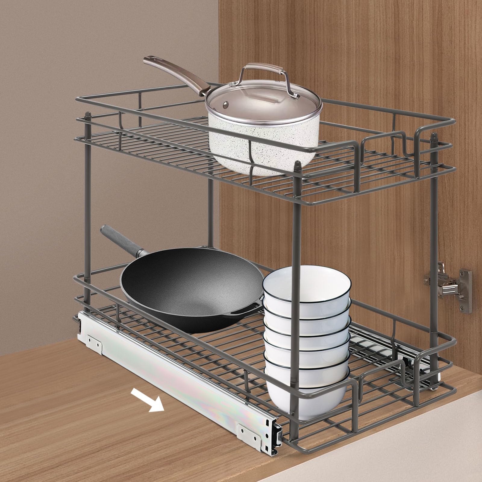 PIOJNYEN Pull Out Cabinet Organizer, 2-Tier Cabinet Pull Out Shelves, Kitchen Cabinet Organizer for Storing Kitchen Utensils Such As Dinner Plates, Bowls, Spices, Baking Supplies (10.5" W X 21.5" D)