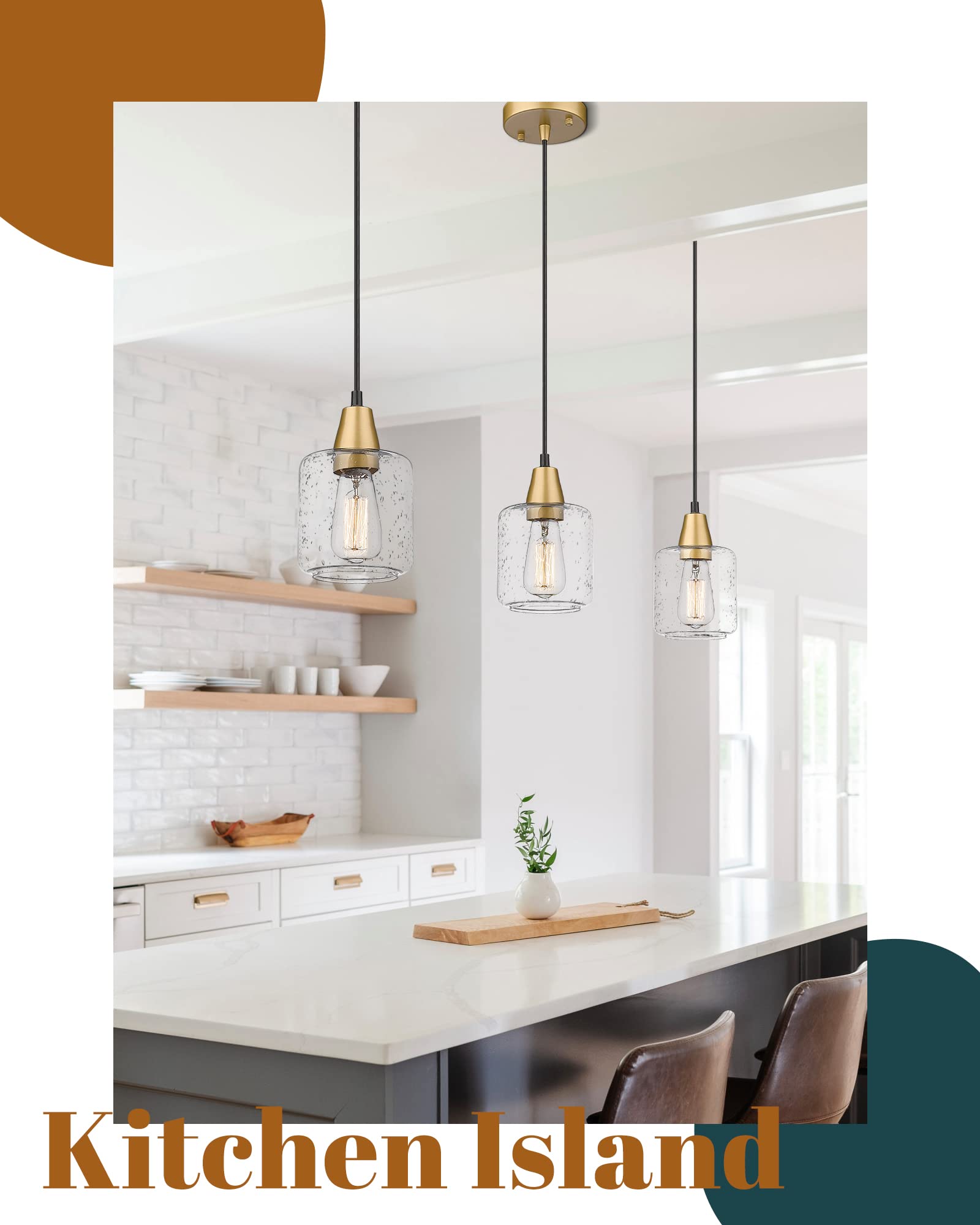 FOITTON Gold Pendant Light Fixtures, 1-Light Hanging Light Fixtures with Seeded Glass Shade, Adjustable Height, Modern Pendant Lighting for Kitchen Island Dining Room