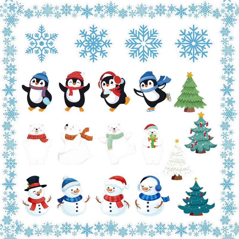 67Pcs Winter Classroom Bulletin Board Decorations Winter Xmas Tree Snowman Penguin Bear Snowflake Border Cut Outs for School Classroom Office Party Wall Window Decor, Welcome Winter Christmas Gifts