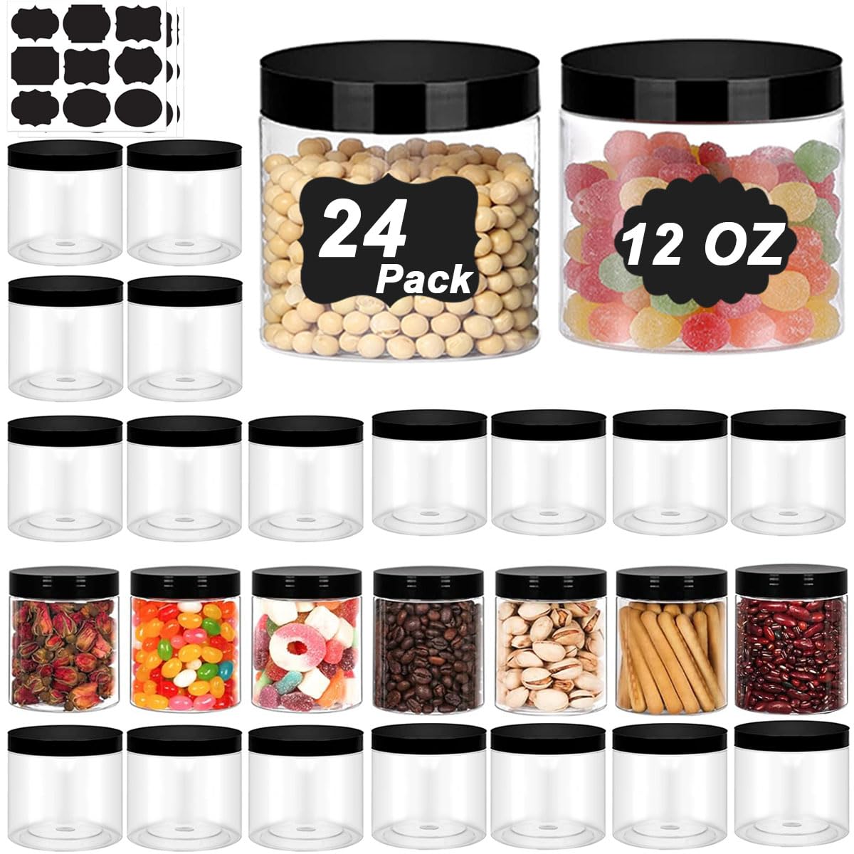 LOSYHU 24 Pack Plastic Jars With Lids 12 OZ PET Plastic Jars Round Plastic Slime Storage Jars Wide Opening Clear Empty Plastic Jars with Screw On Lids For Dry Food Kitchen Craft Storage