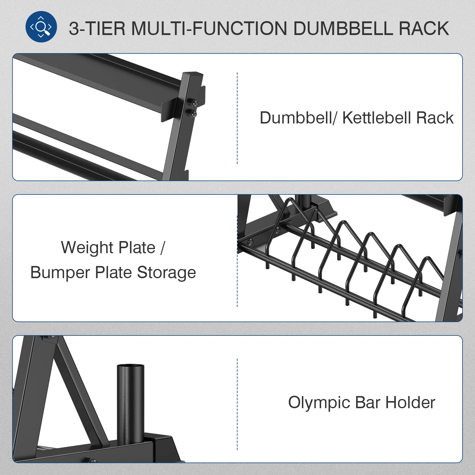 3-Tier Dumbbell Rack Weight Storage Organizer for Home Gym, Fit for Dumbbell, Kettlebells, Weight Plate and Curl Bar (87X)