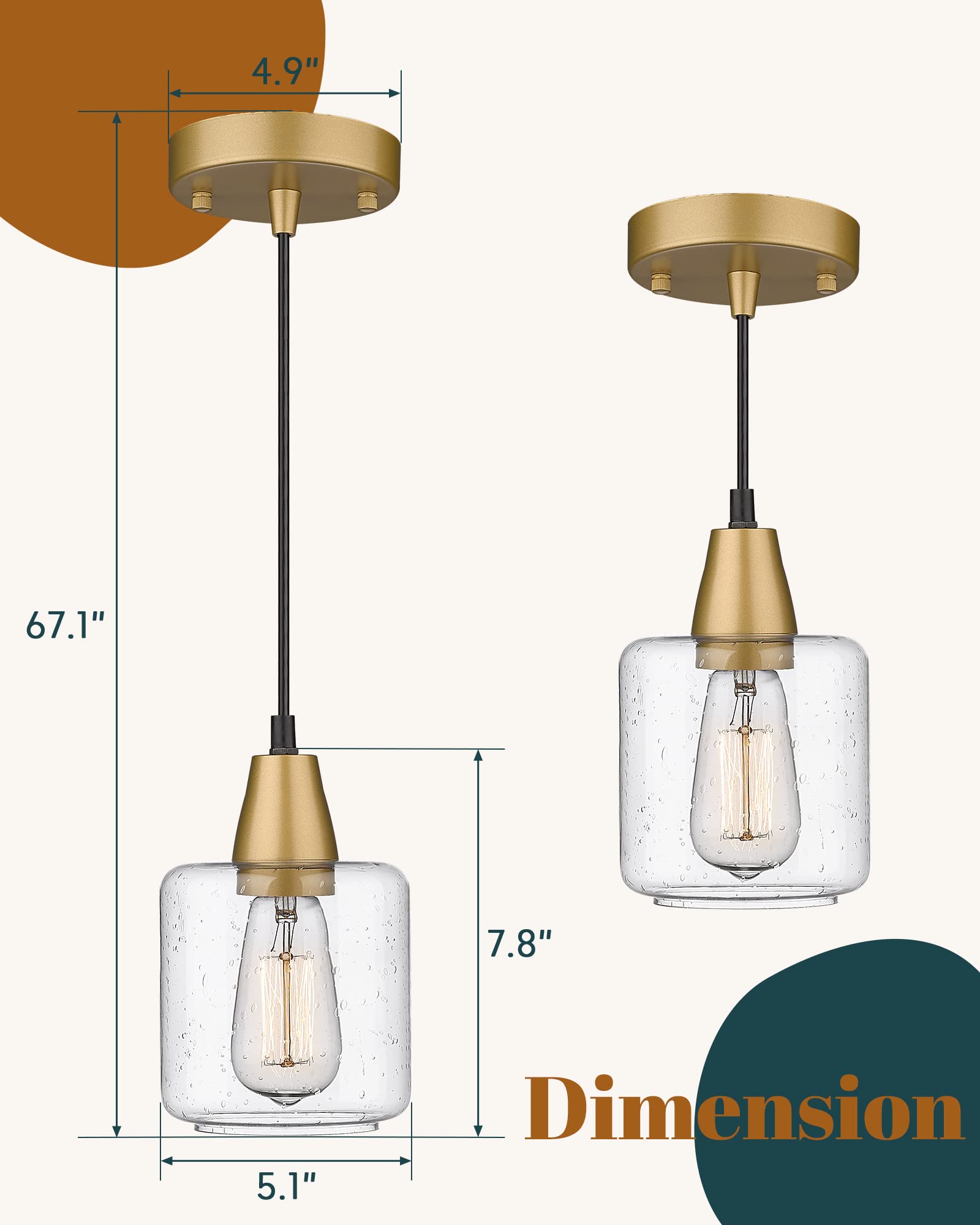 FOITTON Gold Pendant Light Fixtures, 1-Light Hanging Light Fixtures with Seeded Glass Shade, Adjustable Height, Modern Pendant Lighting for Kitchen Island Dining Room