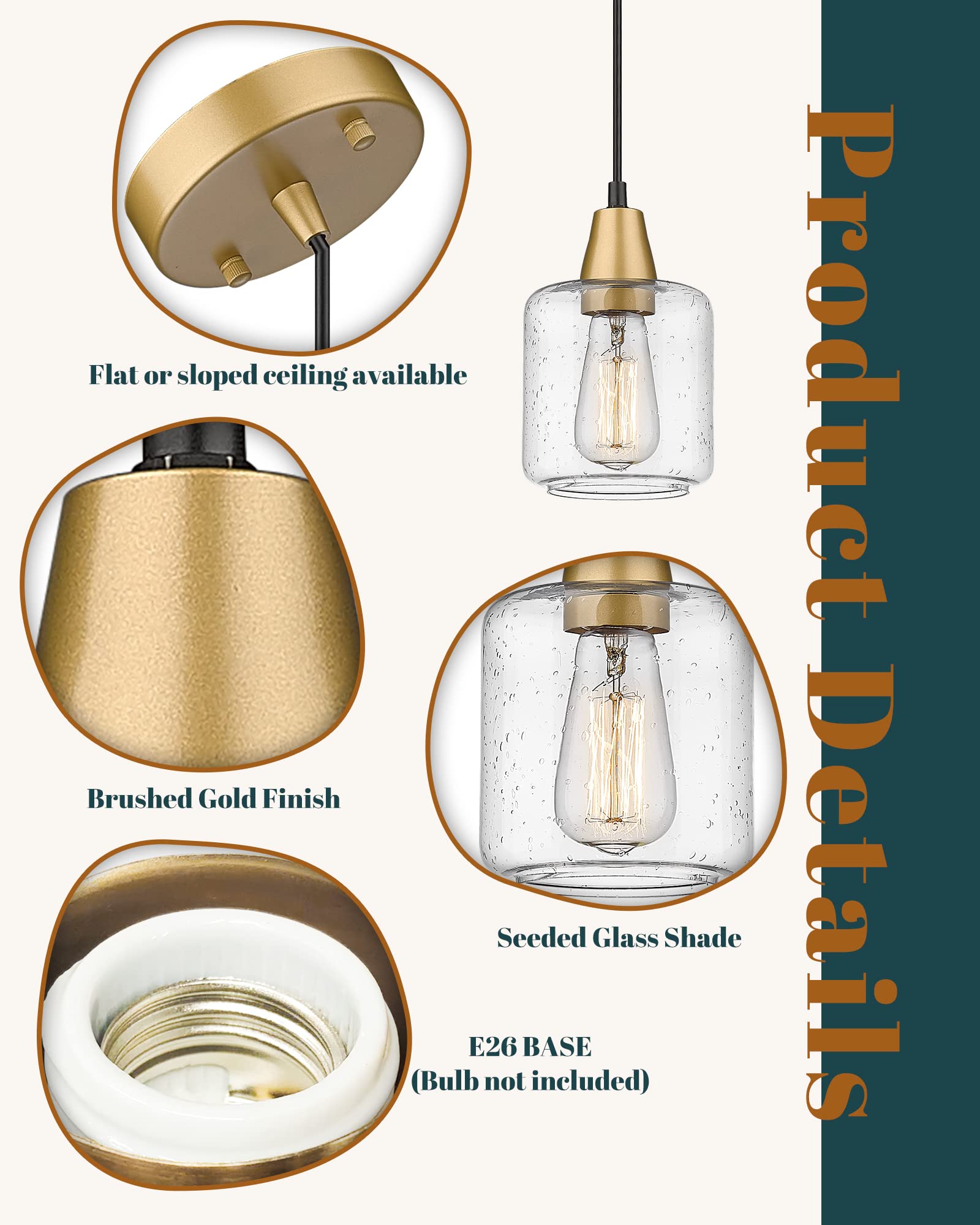 FOITTON Gold Pendant Light Fixtures, 1-Light Hanging Light Fixtures with Seeded Glass Shade, Adjustable Height, Modern Pendant Lighting for Kitchen Island Dining Room
