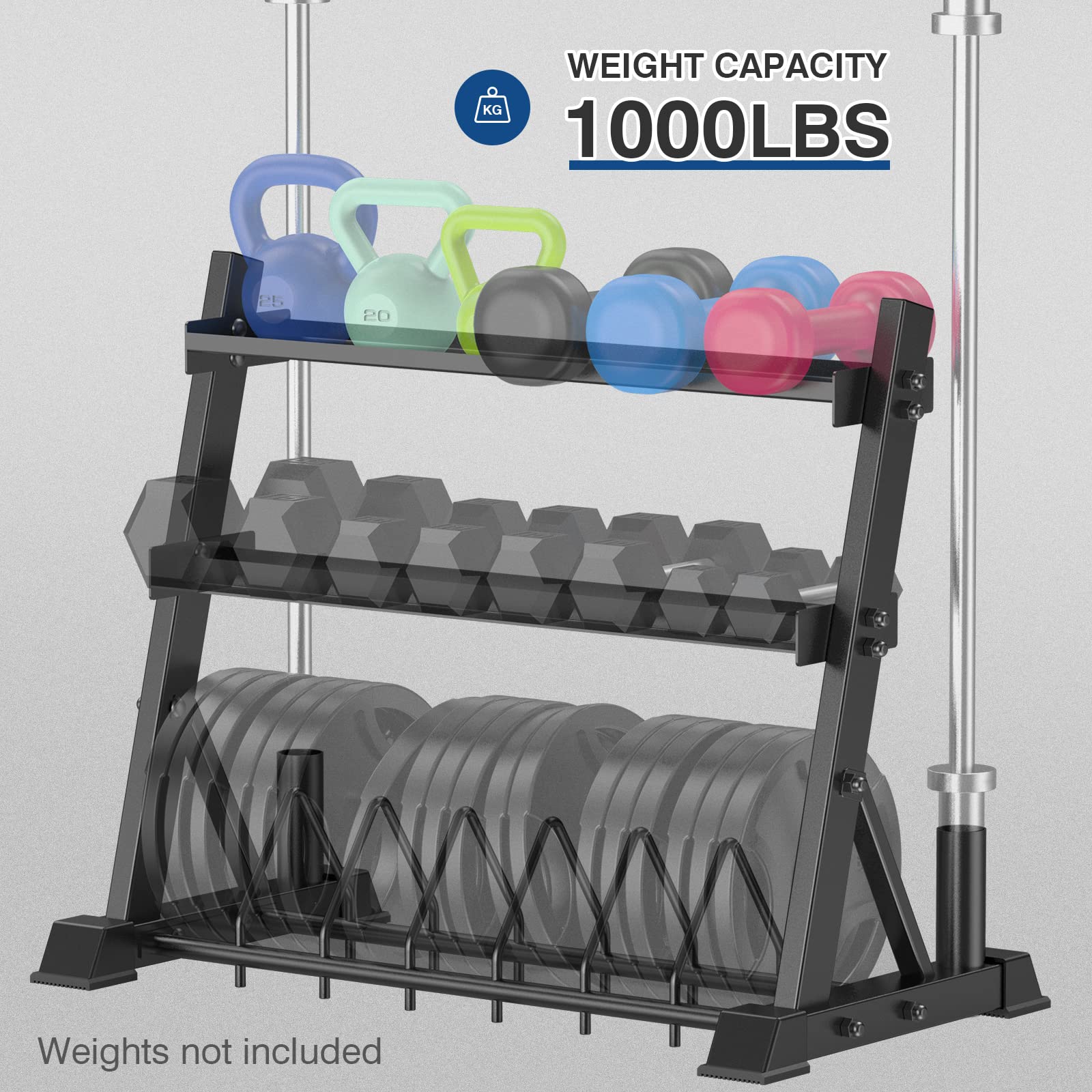 3-Tier Dumbbell Rack Weight Storage Organizer for Home Gym, Fit for Dumbbell, Kettlebells, Weight Plate and Curl Bar (87X)
