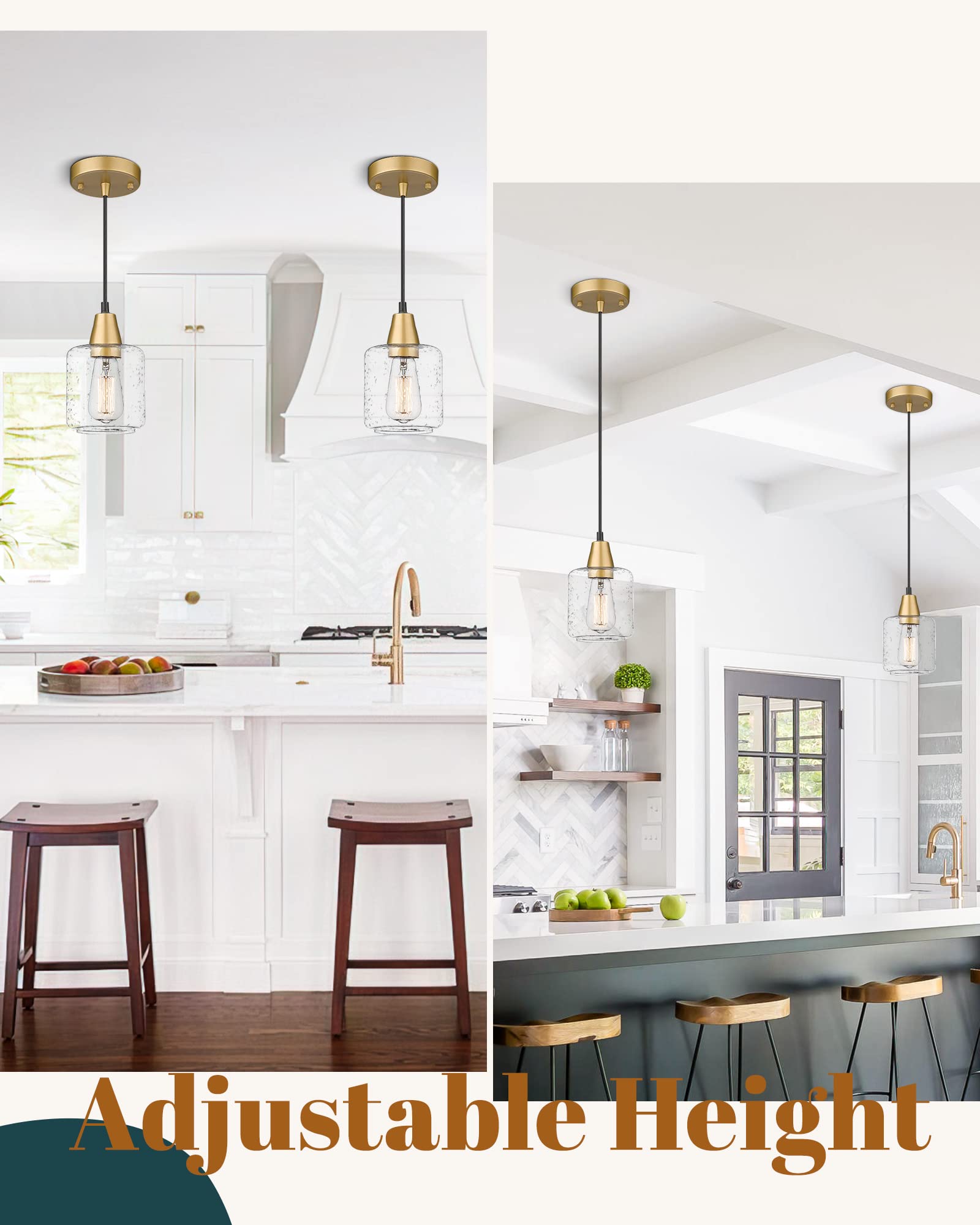 FOITTON Gold Pendant Light Fixtures, 1-Light Hanging Light Fixtures with Seeded Glass Shade, Adjustable Height, Modern Pendant Lighting for Kitchen Island Dining Room