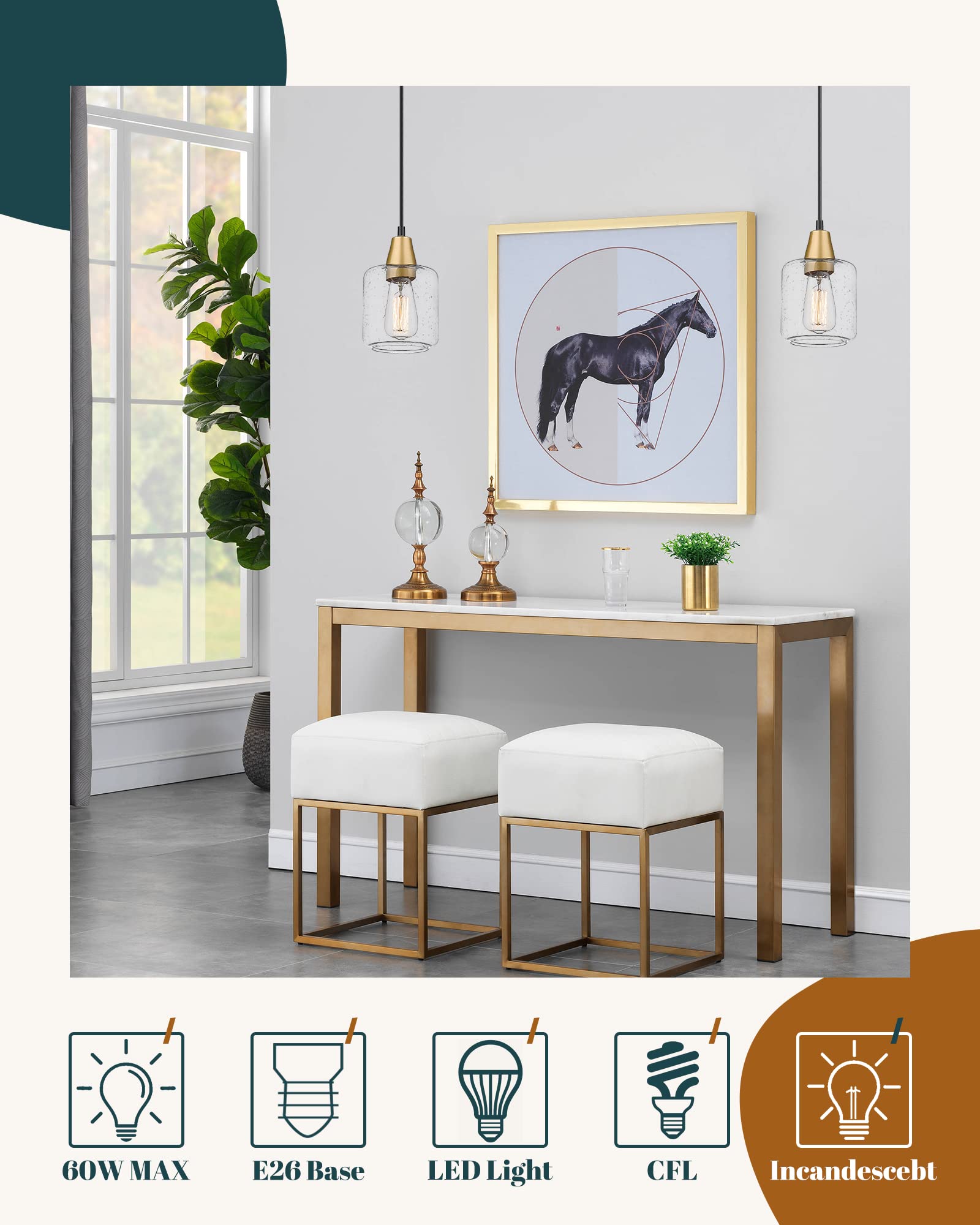 FOITTON Gold Pendant Light Fixtures, 1-Light Hanging Light Fixtures with Seeded Glass Shade, Adjustable Height, Modern Pendant Lighting for Kitchen Island Dining Room