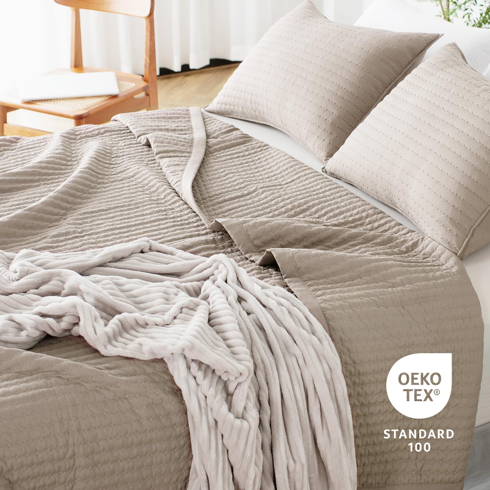 KASENTEX Quilt Mini Set-Stone Washed-Super Soft Bedspread-Light Weight-White Down Alternative Microfiber Fill-Machine Washable-Solid Colors, Twin +2 Shams, Camel