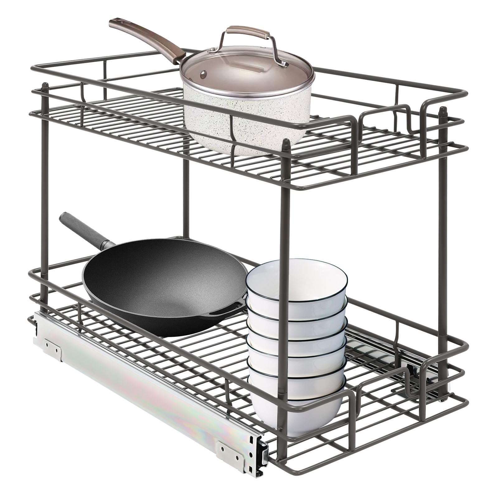 PIOJNYEN Pull Out Cabinet Organizer, 2-Tier Cabinet Pull Out Shelves, Kitchen Cabinet Organizer for Storing Kitchen Utensils Such As Dinner Plates, Bowls, Spices, Baking Supplies (10.5" W X 21.5" D)