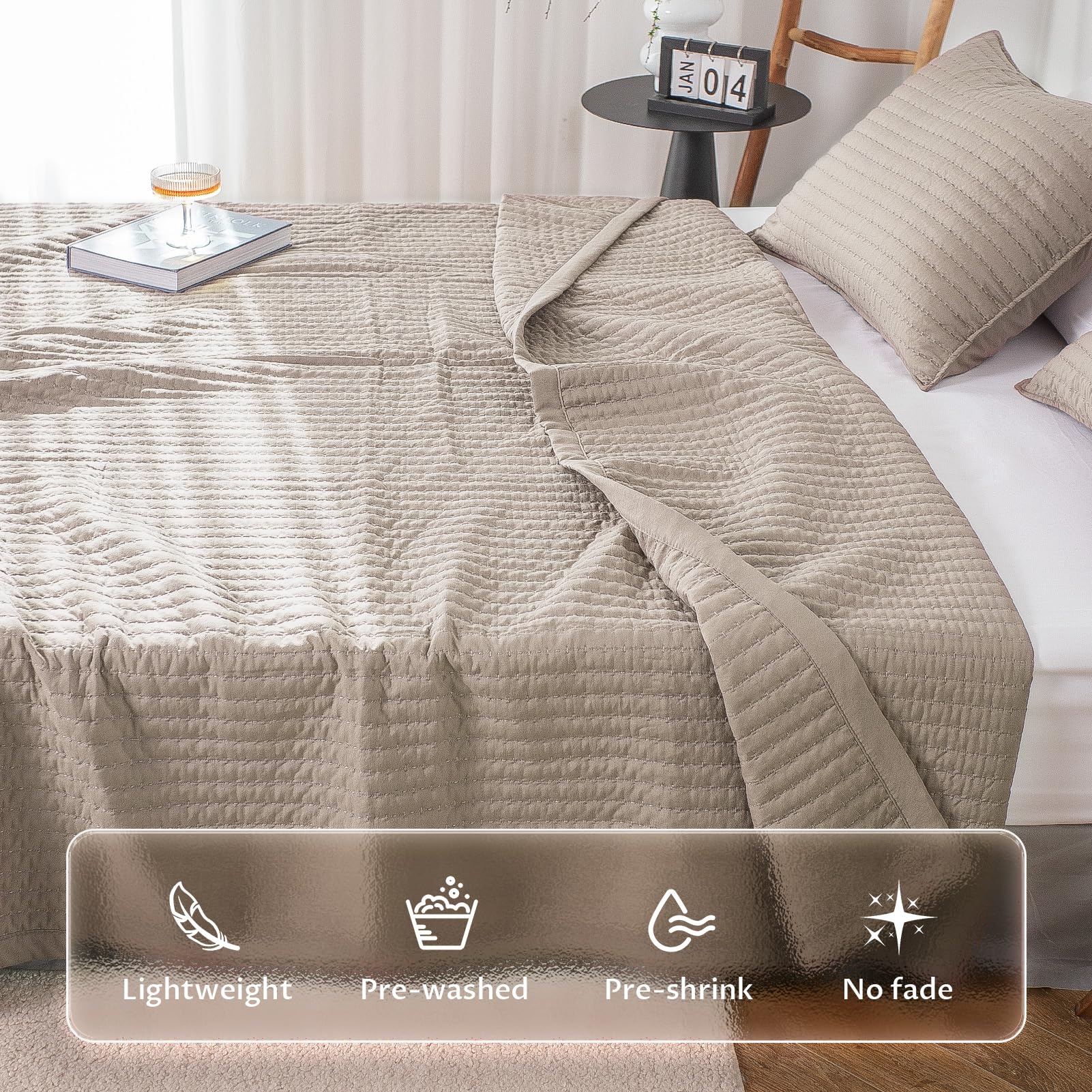 KASENTEX Quilt Mini Set-Stone Washed-Super Soft Bedspread-Light Weight-White Down Alternative Microfiber Fill-Machine Washable-Solid Colors, Twin +2 Shams, Camel