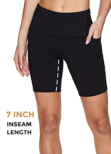 RBX Active Women's 7" Solid Ultra Hold High Waist Squat Proof Yoga Bike Short with Pockets Black 7-Inch L