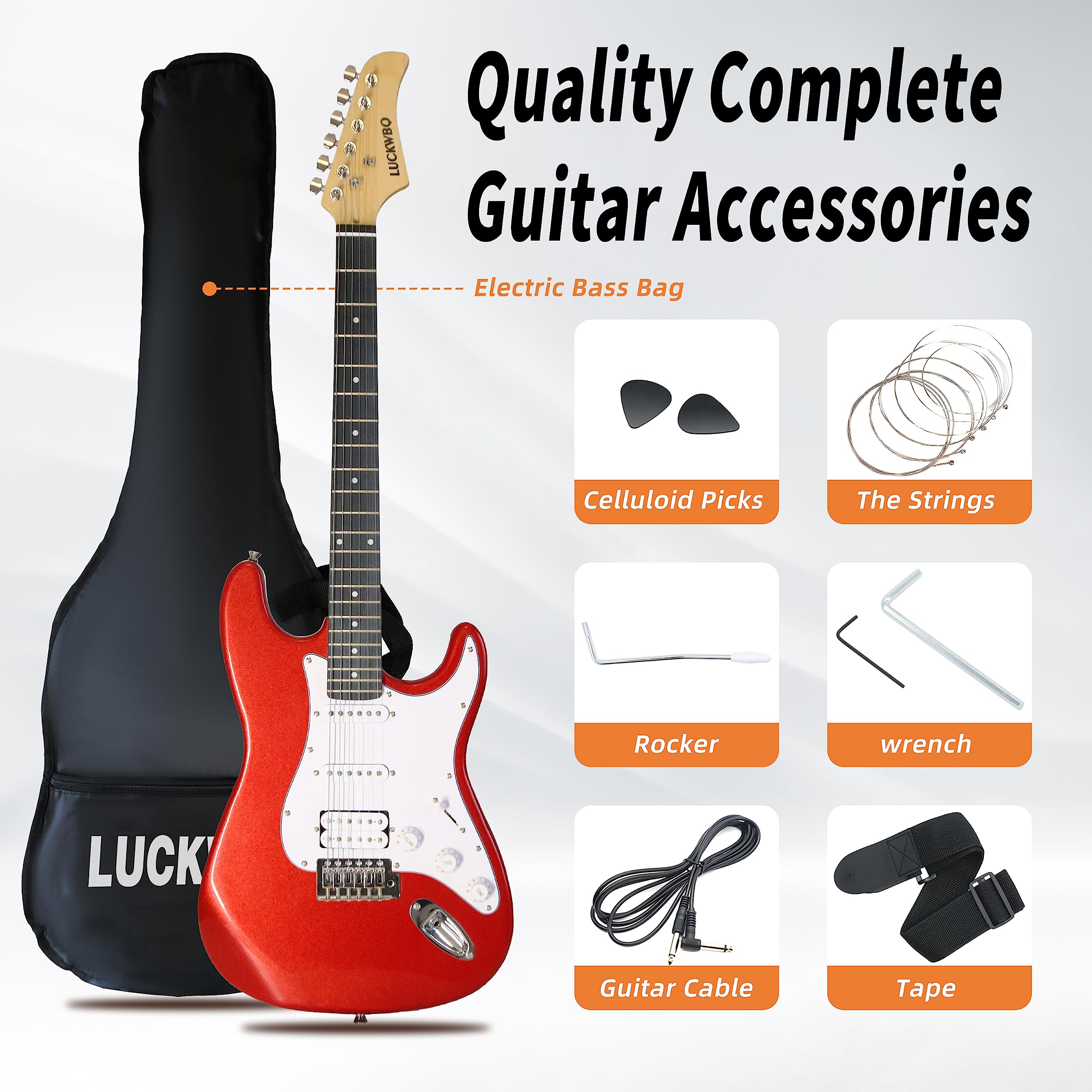 LUCKWBQ 39in Full Size Electric Guitar Beginners Kit,Electric Guitar Starter Kit,Red w/Aceesccories, Bag, Picks, Strap, 6 Strings, Tremolo Arm - Guitarra Electrica for Starters, Adults, Kids, Travel
