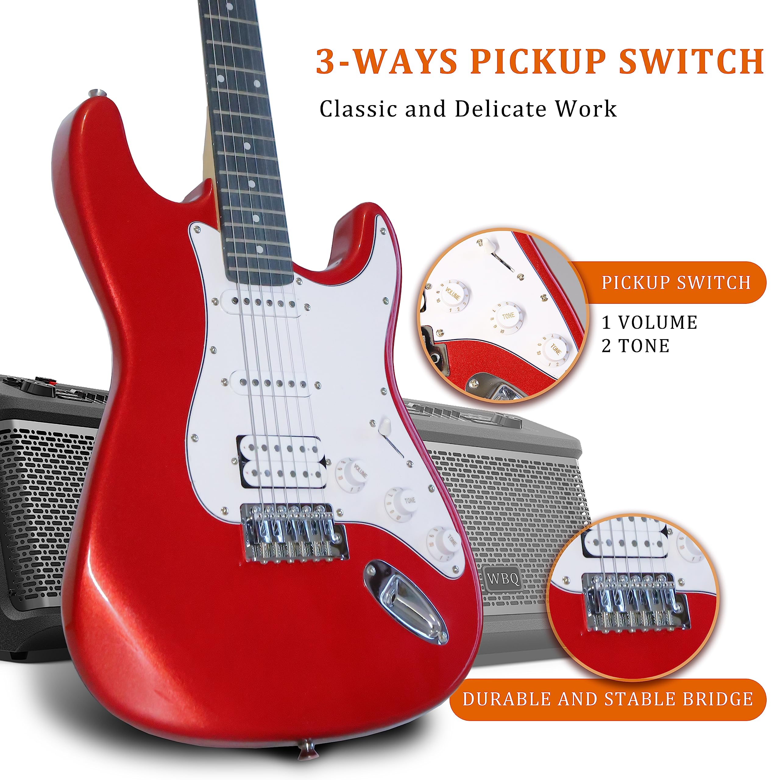 LUCKWBQ 39in Full Size Electric Guitar Beginners Kit,Electric Guitar Starter Kit,Red w/Aceesccories, Bag, Picks, Strap, 6 Strings, Tremolo Arm - Guitarra Electrica for Starters, Adults, Kids, Travel