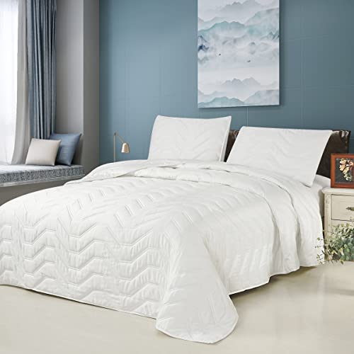 DOWN HOME Satin Silky Lightweight 3 Pieces Quilt Set Coverlet Set Modern Classic Quilting Pattern for All Season Super Soft and Silky Full Queen 88x92inch White