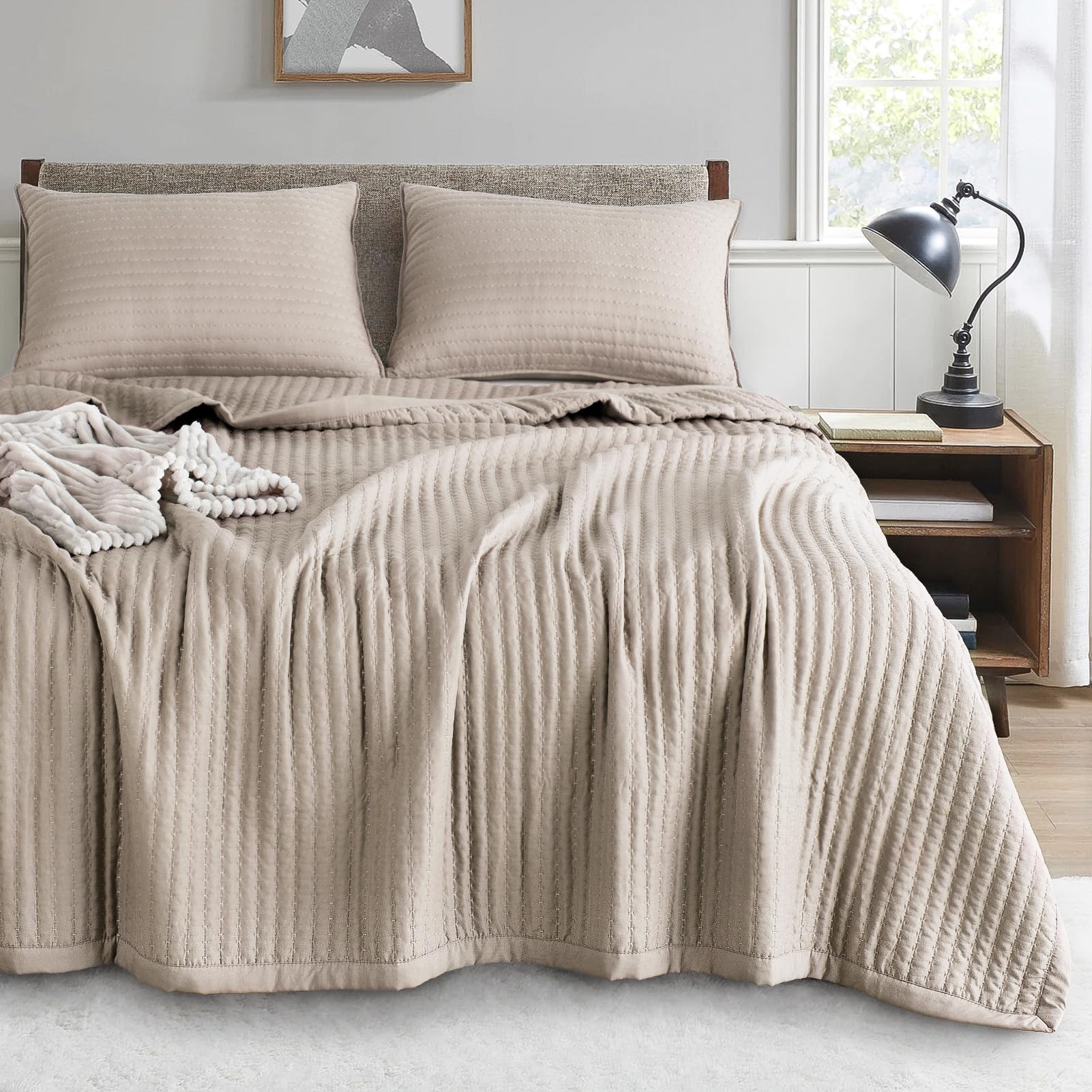 KASENTEX Quilt Mini Set-Stone Washed-Super Soft Bedspread-Light Weight-White Down Alternative Microfiber Fill-Machine Washable-Solid Colors, Twin +2 Shams, Camel
