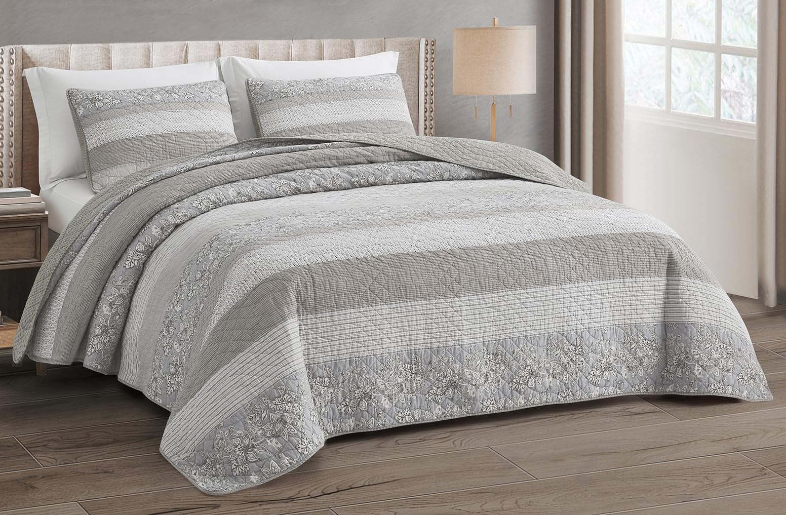 Chezmoi Collection Robyn 3-Piece Neutral Taupe Gray White Floral Hibiscus Flower Patchwork Striped Quilt Set - Pre-Washed Cotton Coverlet - Lightweight Reversible Bedspread, Queen Size