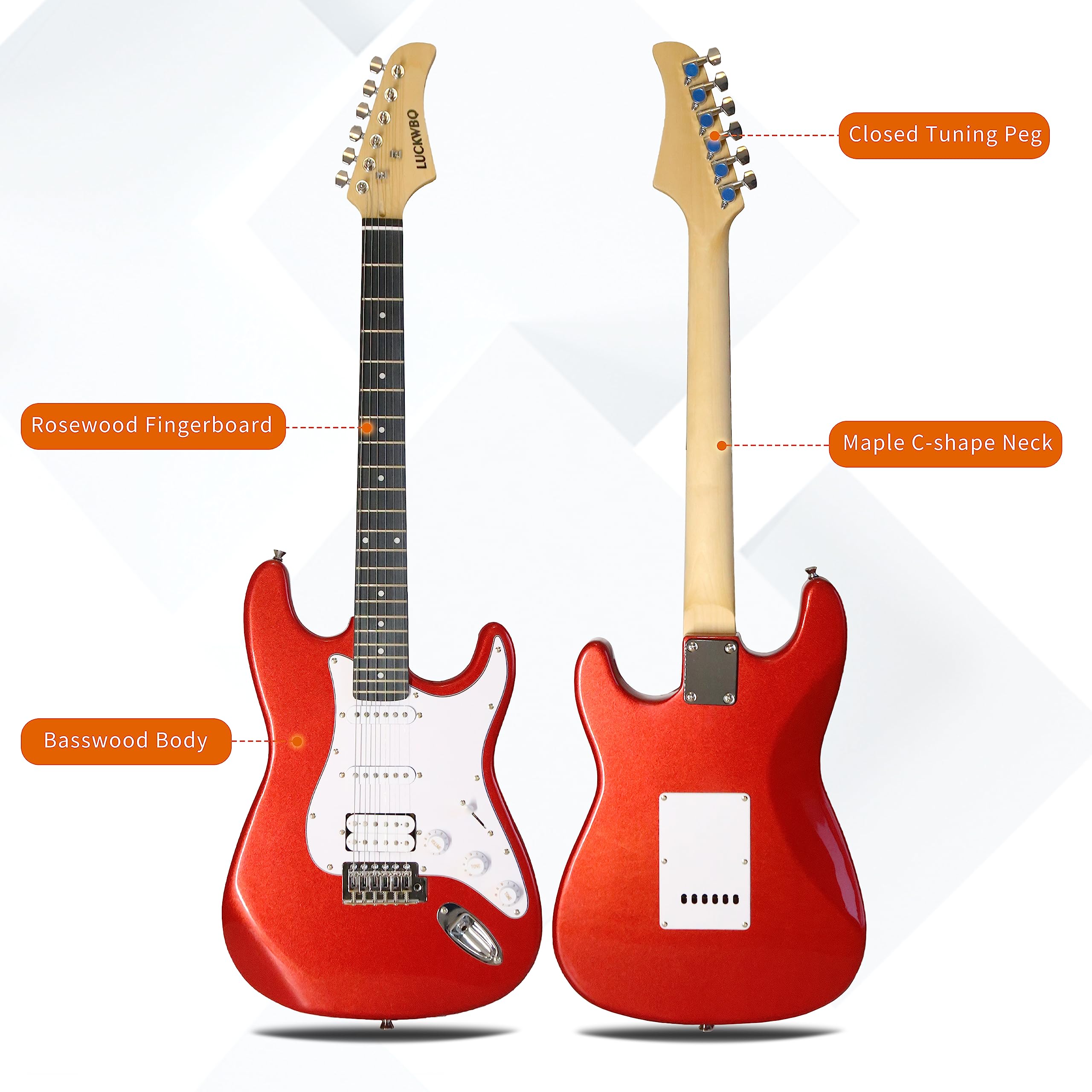 LUCKWBQ 39in Full Size Electric Guitar Beginners Kit,Electric Guitar Starter Kit,Red w/Aceesccories, Bag, Picks, Strap, 6 Strings, Tremolo Arm - Guitarra Electrica for Starters, Adults, Kids, Travel