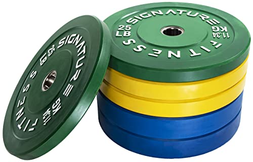 Signature Fitness 2" Olympic Bumper Plate Weight Plates with Steel Hub, 210LB Set (2x 25/35/45LB), Colored