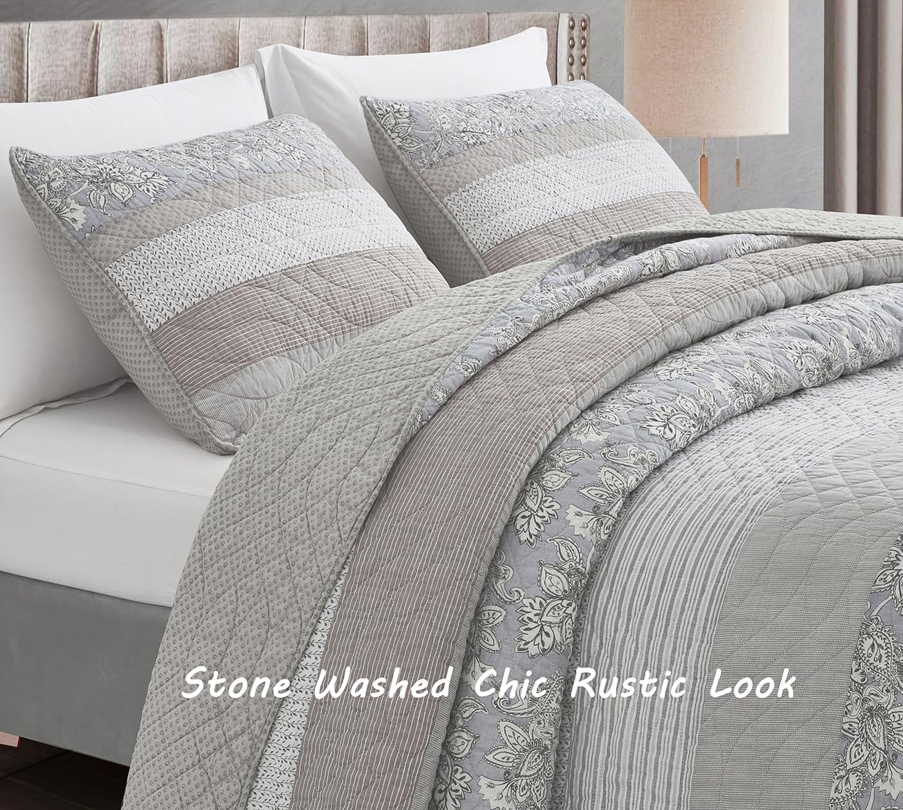 Chezmoi Collection Robyn 3-Piece Neutral Taupe Gray White Floral Hibiscus Flower Patchwork Striped Quilt Set - Pre-Washed Cotton Coverlet - Lightweight Reversible Bedspread, Queen Size