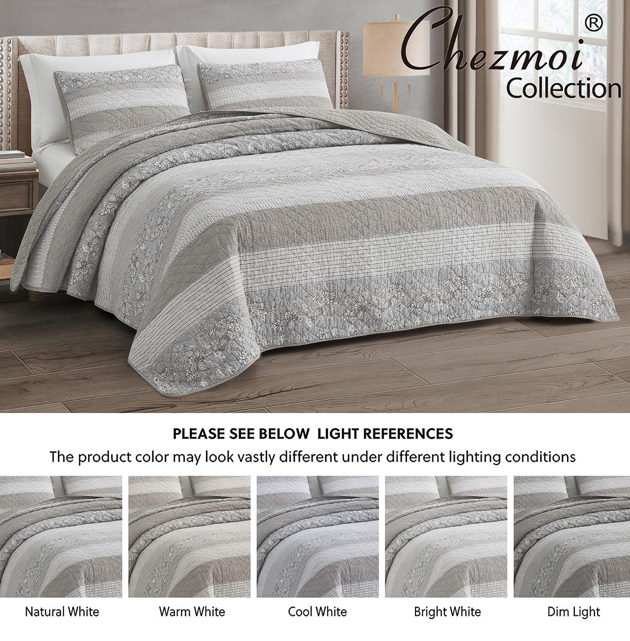 Chezmoi Collection Robyn 3-Piece Neutral Taupe Gray White Floral Hibiscus Flower Patchwork Striped Quilt Set - Pre-Washed Cotton Coverlet - Lightweight Reversible Bedspread, Queen Size