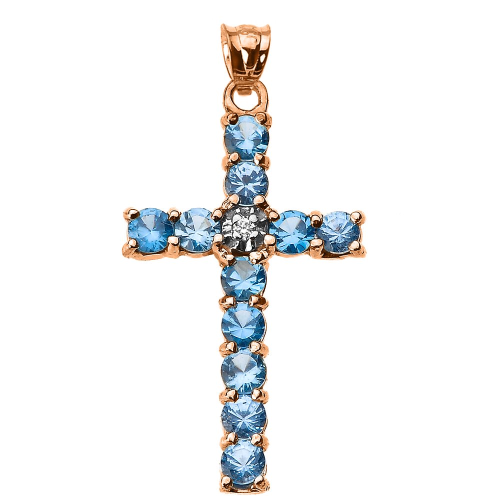 Religious Jewelry Fine 10k Rose Gold Diamond and Light Blue CZ Cross Pendant