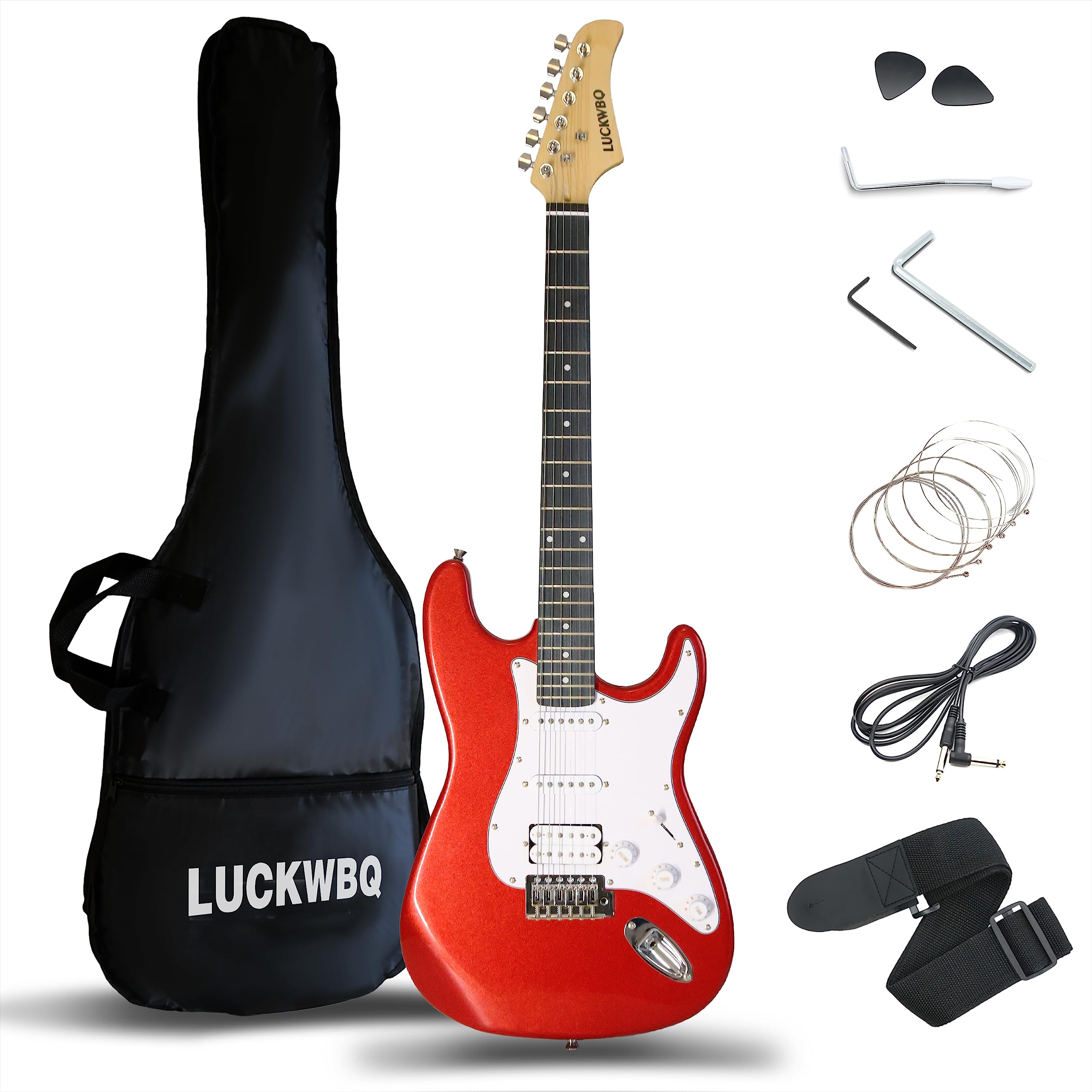 LUCKWBQ 39in Full Size Electric Guitar Beginners Kit,Electric Guitar Starter Kit,Red w/Aceesccories, Bag, Picks, Strap, 6 Strings, Tremolo Arm - Guitarra Electrica for Starters, Adults, Kids, Travel