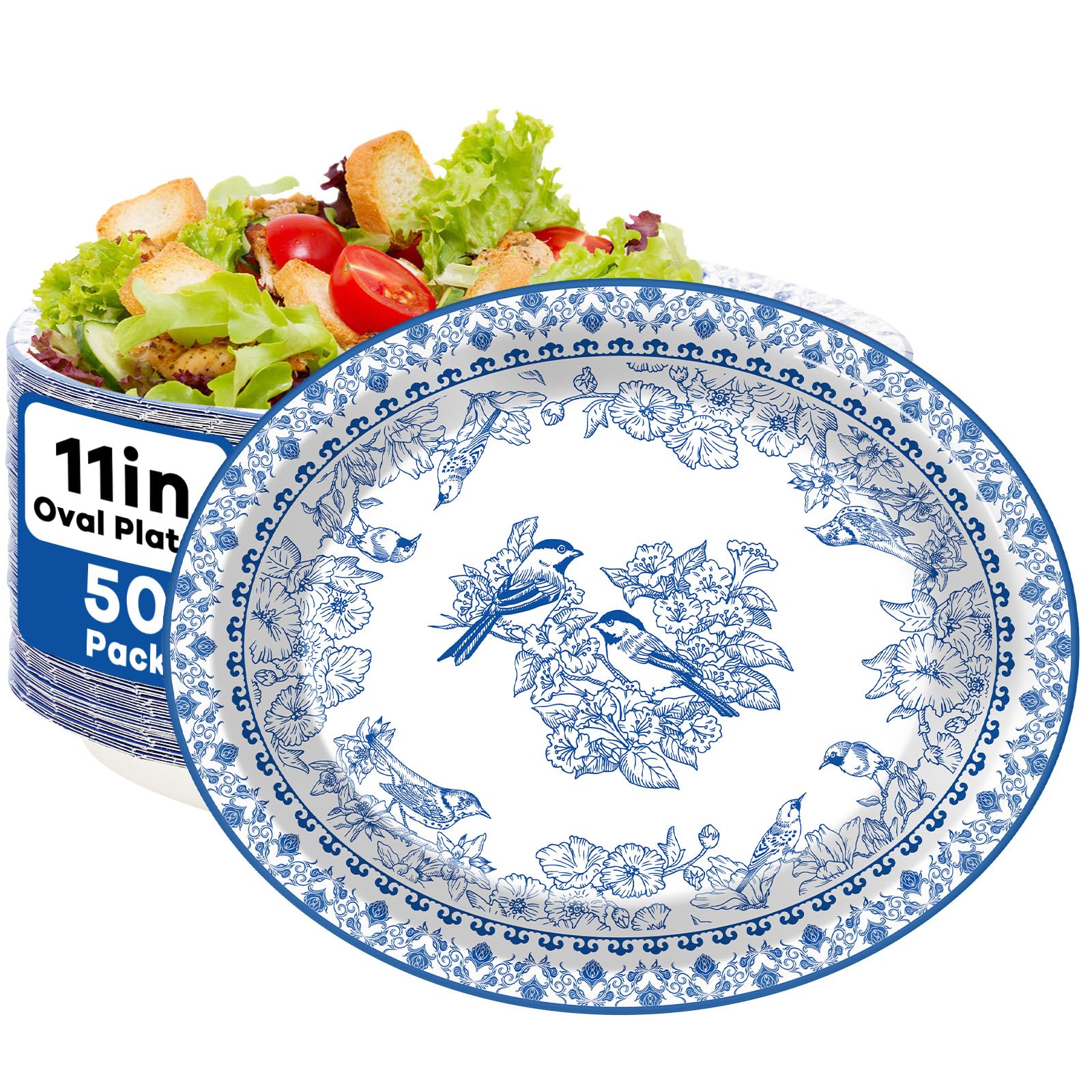 50 PCS Blue Floral Oval Paper Plates Blue & White Floral Party Tableware Set Blue and White Flowers Disposable Party Supplies Bridal Birthday Baby Shower Tea Dinnerware Plates Napkins Forks Serve 50