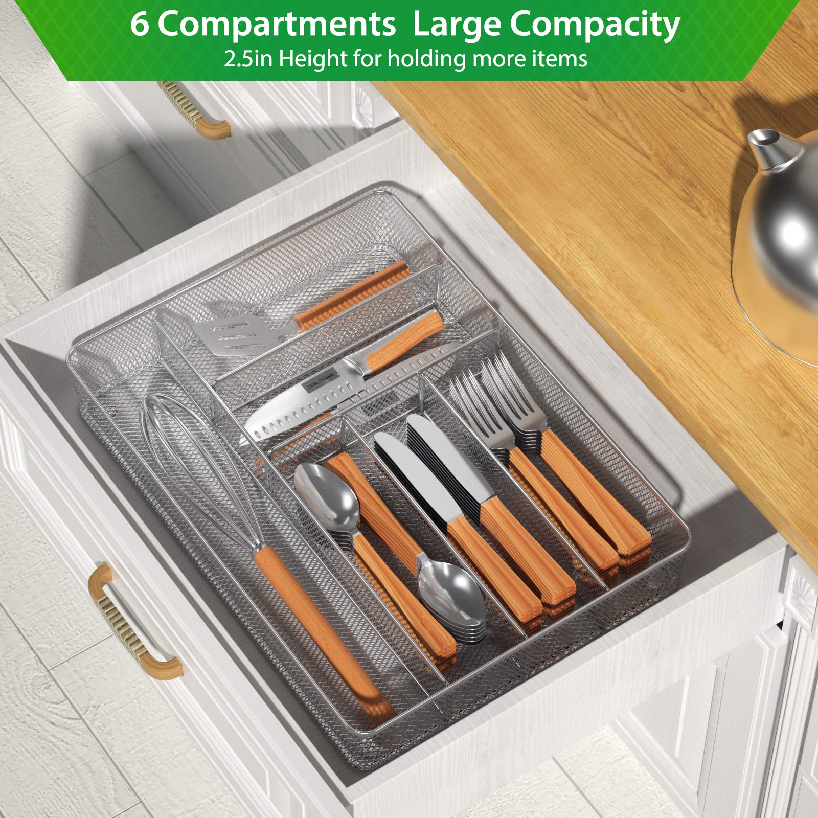 Pipishell Mesh Drawer Organizer Tray for Cutlery Silverware Flatware, 6 Compartments Kitchen Utensils Holder with Anti-slip Mats, Drawer Dividers for Knives Fork Spoon Office Supplies, Large