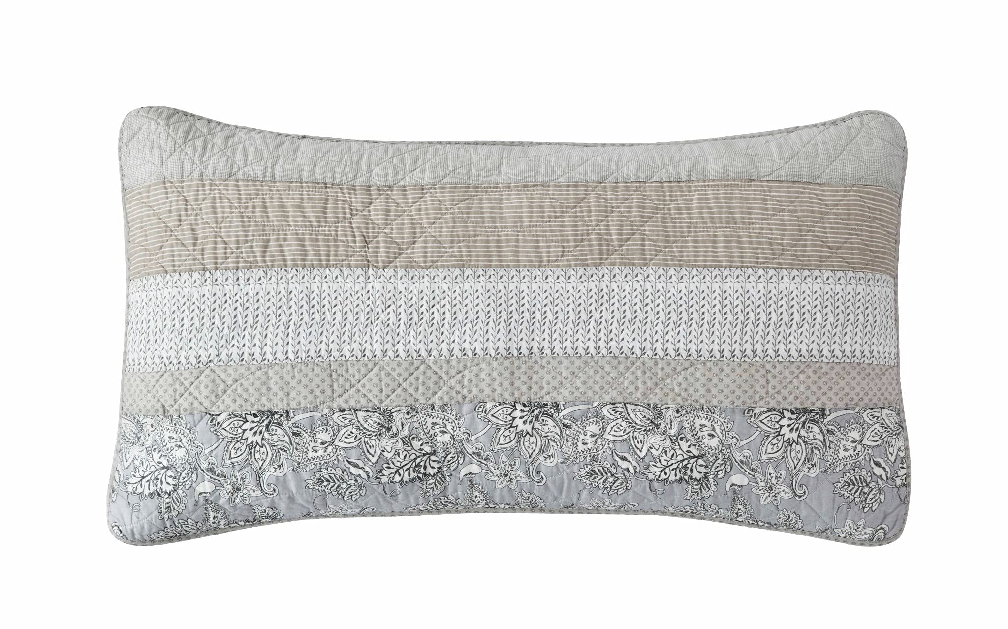 Chezmoi Collection Robyn 3-Piece Neutral Taupe Gray White Floral Hibiscus Flower Patchwork Striped Quilt Set - Pre-Washed Cotton Coverlet - Lightweight Reversible Bedspread, Queen Size