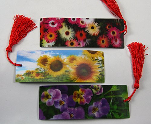 3 Bookmarks - 3D Lenticular - Colorful Flowers with Red Tassle