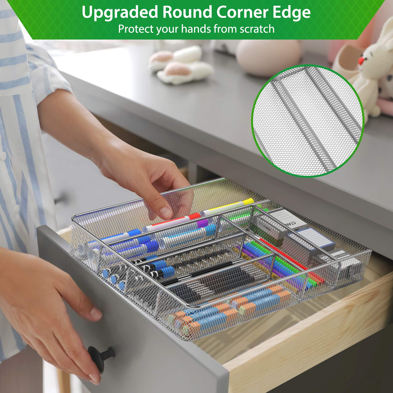 Pipishell Mesh Drawer Organizer Tray for Cutlery Silverware Flatware, 6 Compartments Kitchen Utensils Holder with Anti-slip Mats, Drawer Dividers for Knives Fork Spoon Office Supplies, Large