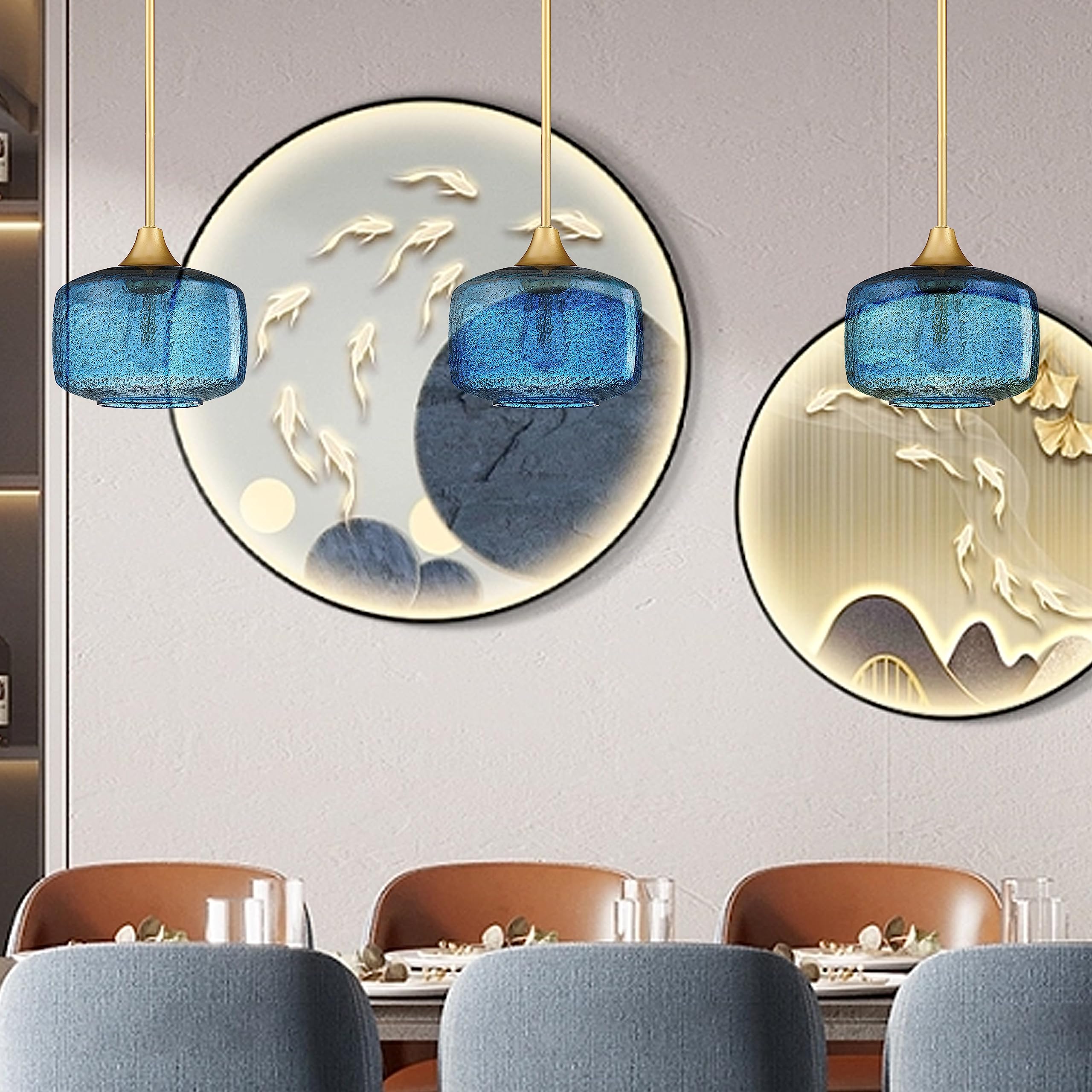 1 Light Hanging Indoor Kitchen Island Pendant Light 7.75" Ancient Seeded Glass Pendant Ceiling Light Fixtures Modern Farmhouse Dinning Over Sink Hallway (Blue Glass, 1 Pack)