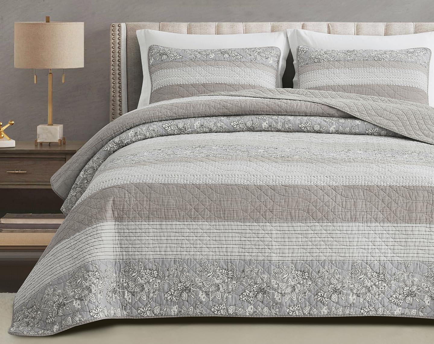Chezmoi Collection Robyn 3-Piece Neutral Taupe Gray White Floral Hibiscus Flower Patchwork Striped Quilt Set - Pre-Washed Cotton Coverlet - Lightweight Reversible Bedspread, Queen Size