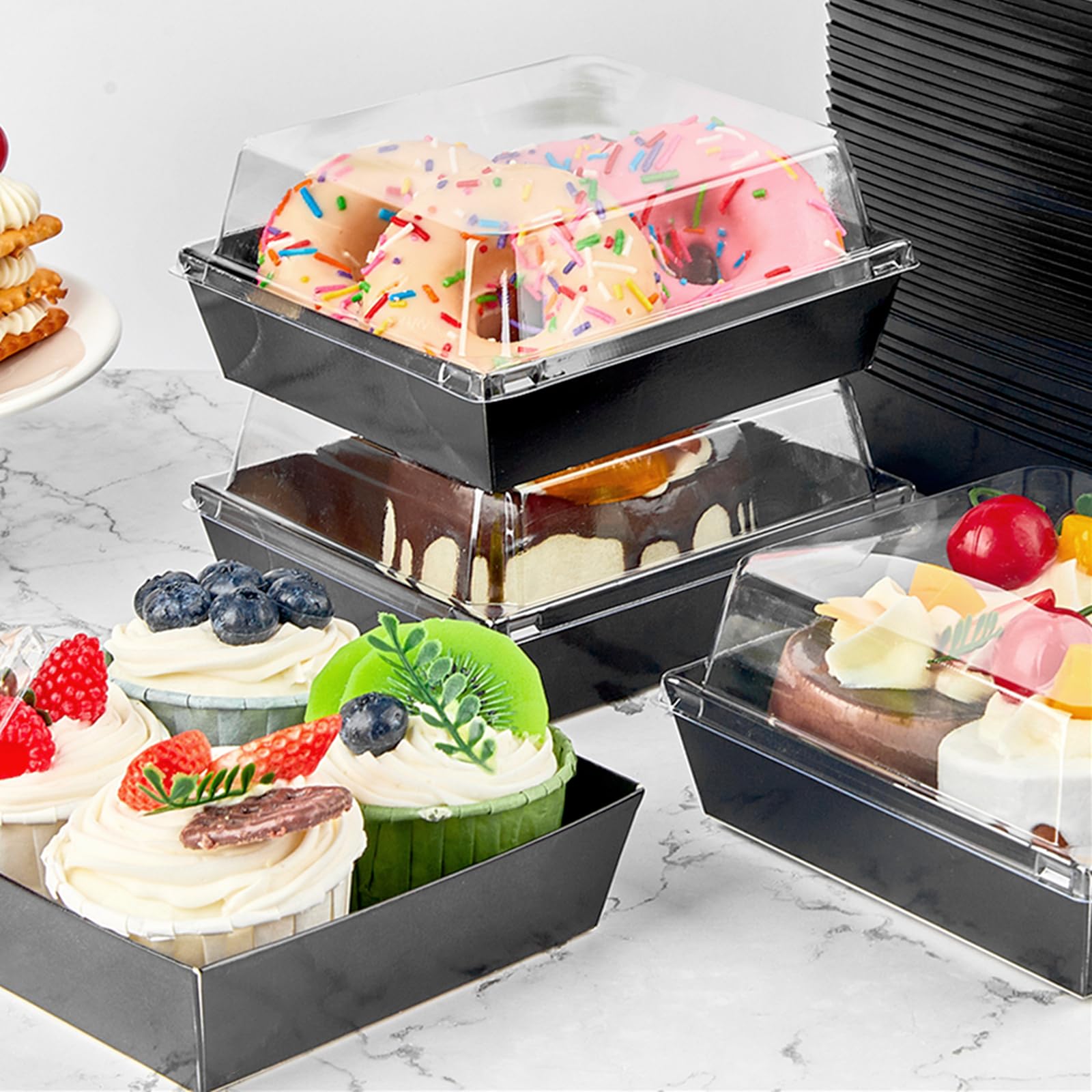 Ocmoiy Small Charcuterie Boxes with Clear Lids, To Go Paper Disposable Food Containers, 5 Inches Bakery Dessert Boxes for Sandwich, Cookie, Pastry, Cake Slice (Black, 50ct)