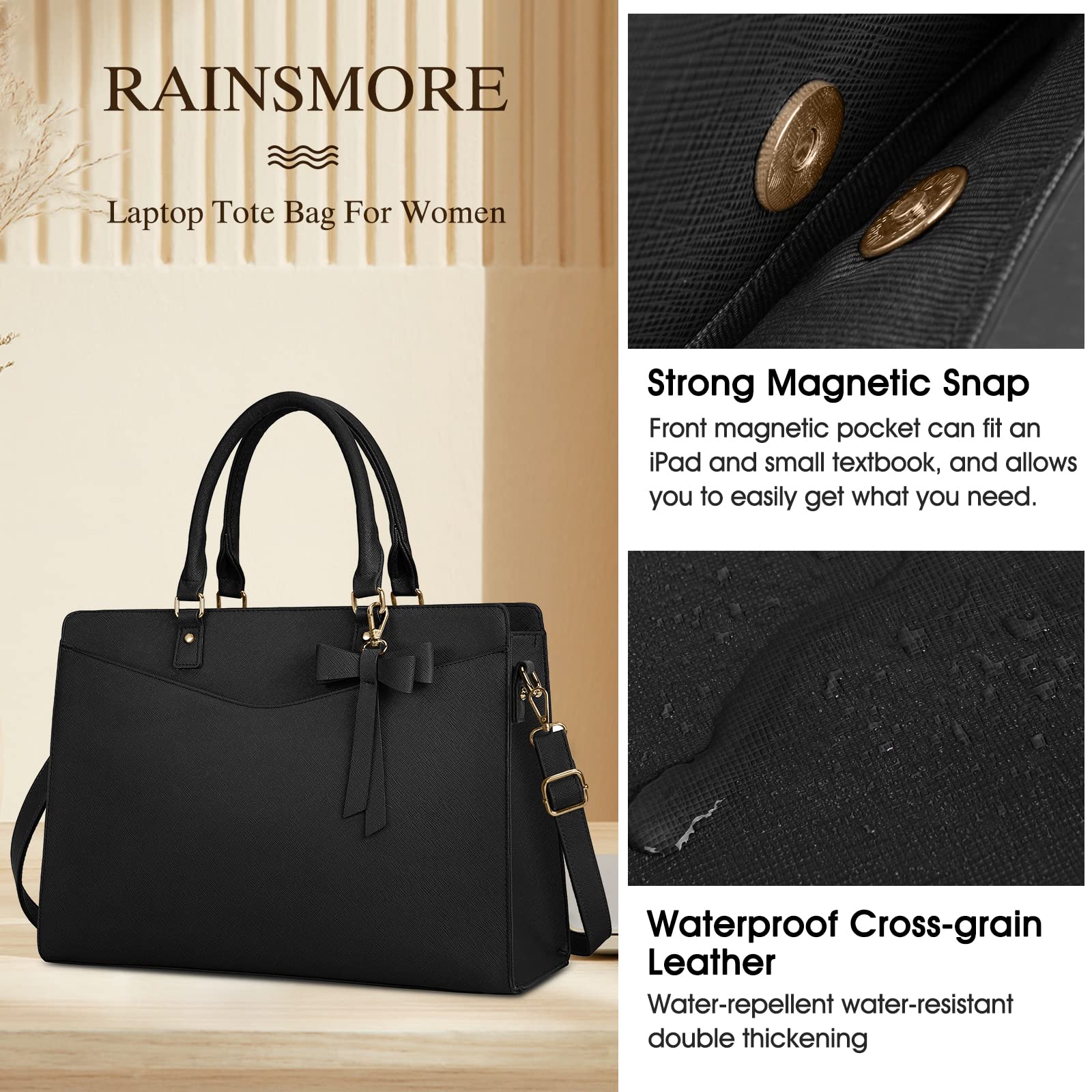 Laptop Bag for Women 15.6 Inch Leather Tote Bag Professional Business Office Work Bag Waterproof Briefcase Computer Tote Bag Large Capacity Lightweight Handbag Shoulder Bag, Black