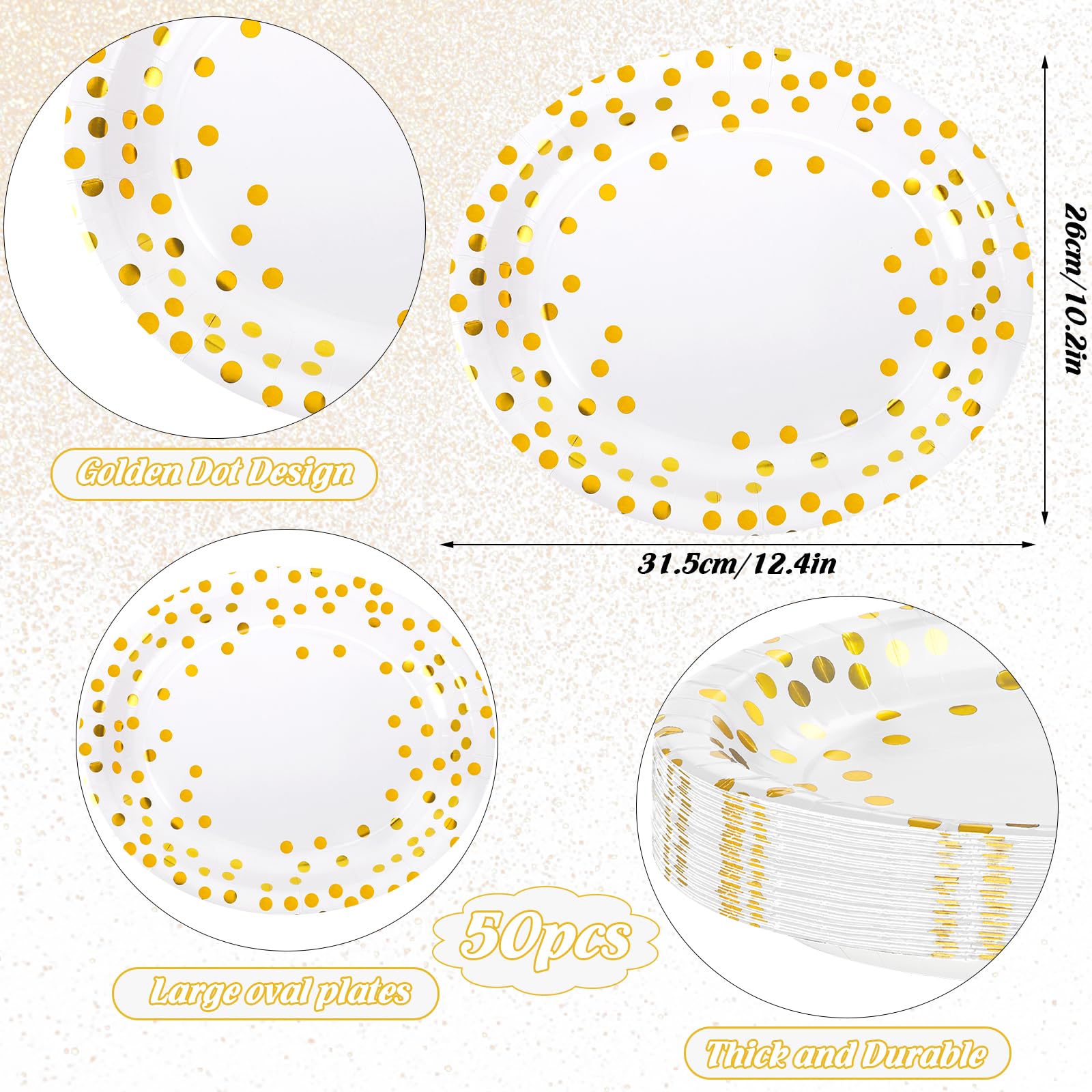 TWOWYHI 50PCS 12inch Oval Paper Plates White and Gold Disposable Paper Plates Dinner Plates for Party Graduation Wedding Anniversary Bridal Shower