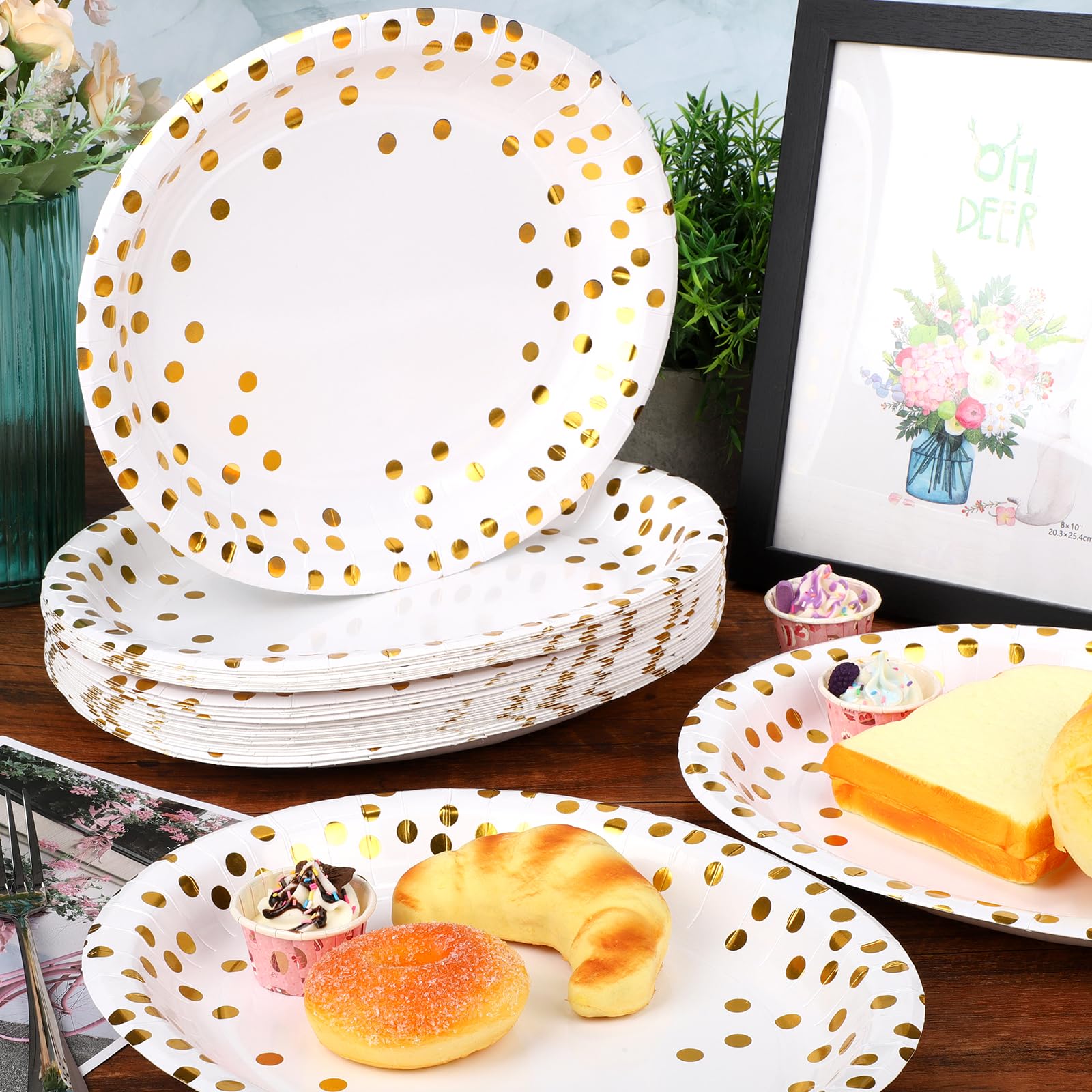 TWOWYHI 50PCS 12inch Oval Paper Plates White and Gold Disposable Paper Plates Dinner Plates for Party Graduation Wedding Anniversary Bridal Shower