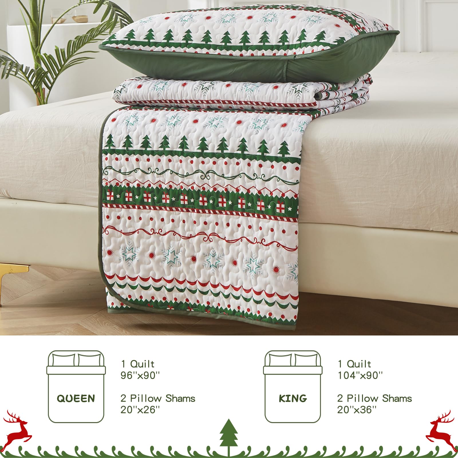 Christmas Quilt Set Queen, 3 Pieces Christmas Bedding Coverlet Queen Size, Green Bedspread with Xmas Tree Pattern New Year Bedroom Decoration for Family Friends