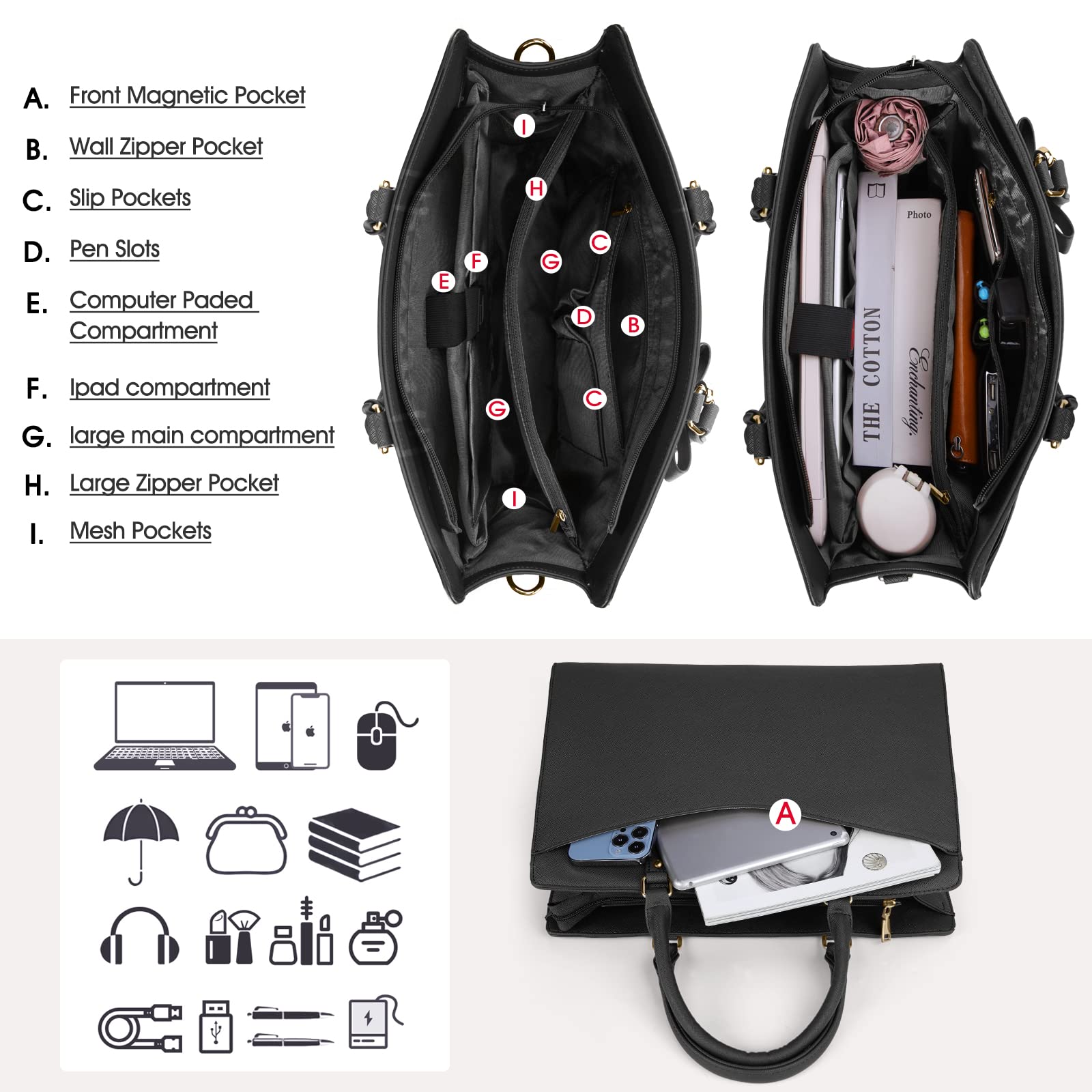 Laptop Bag for Women 15.6 Inch Leather Tote Bag Professional Business Office Work Bag Waterproof Briefcase Computer Tote Bag Large Capacity Lightweight Handbag Shoulder Bag, Black