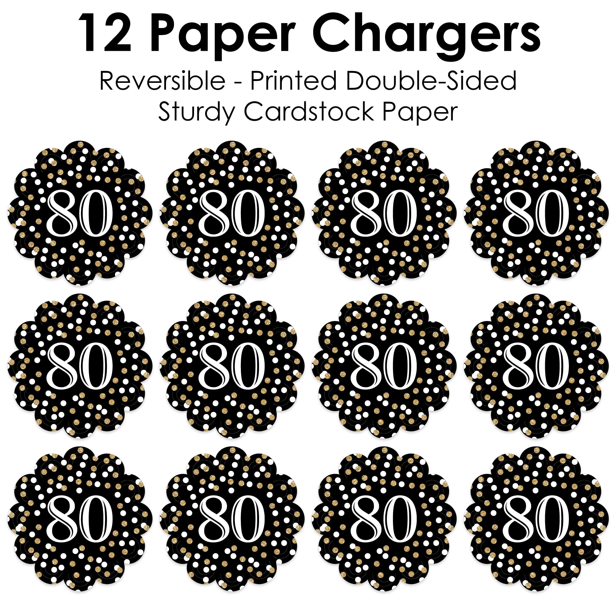 Big Dot of Happiness Adult 80th Birthday - Gold - Birthday Party Round Table Decorations - Paper Chargers - Place Setting for 12