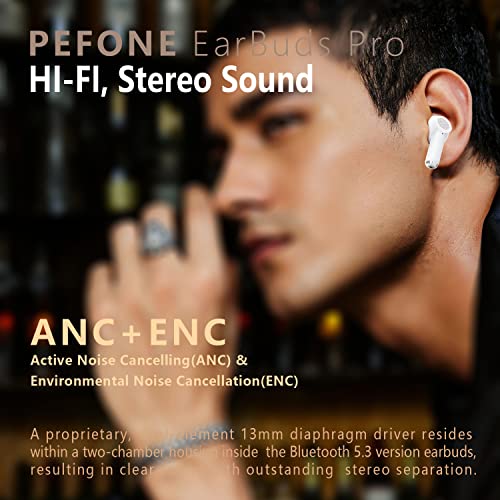 PEFONE Wireless Earbuds, in-Ear Bluetooth 5.3 Headphones ENC+ANC Noise Cancelling Earphones, Built-in Mic, Touch Control, USB Charging Case