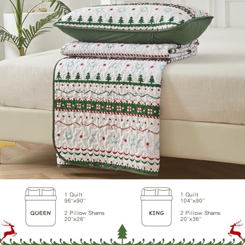 Christmas Quilt Set Queen, 3 Pieces Christmas Bedding Coverlet Queen Size, Green Bedspread with Xmas Tree Pattern New Year Bedroom Decoration for Family Friends
