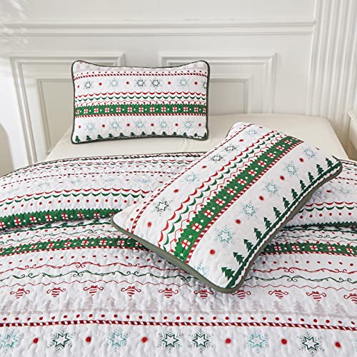 Christmas Quilt Set Queen, 3 Pieces Christmas Bedding Coverlet Queen Size, Green Bedspread with Xmas Tree Pattern New Year Bedroom Decoration for Family Friends