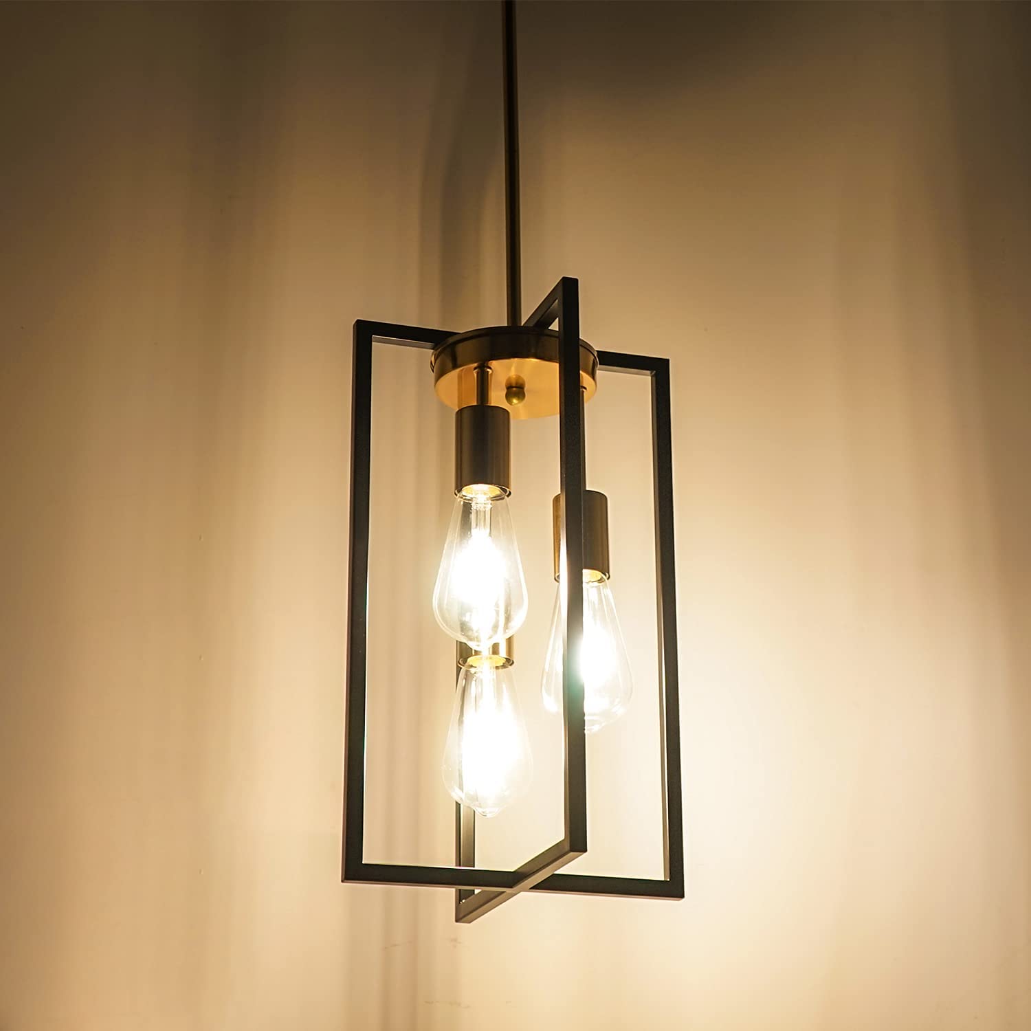 Modern Industrial Farmhouse Pendant Lighting, Rectangle Black & Brass Chandelier, Hanging Light for Kitchen Island, Dining Room, Entryway, Hallway (3-Light)