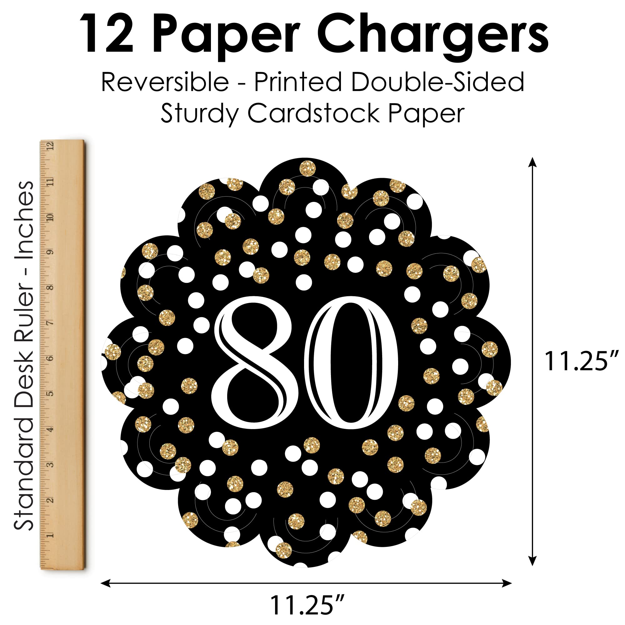 Big Dot of Happiness Adult 80th Birthday - Gold - Birthday Party Round Table Decorations - Paper Chargers - Place Setting for 12