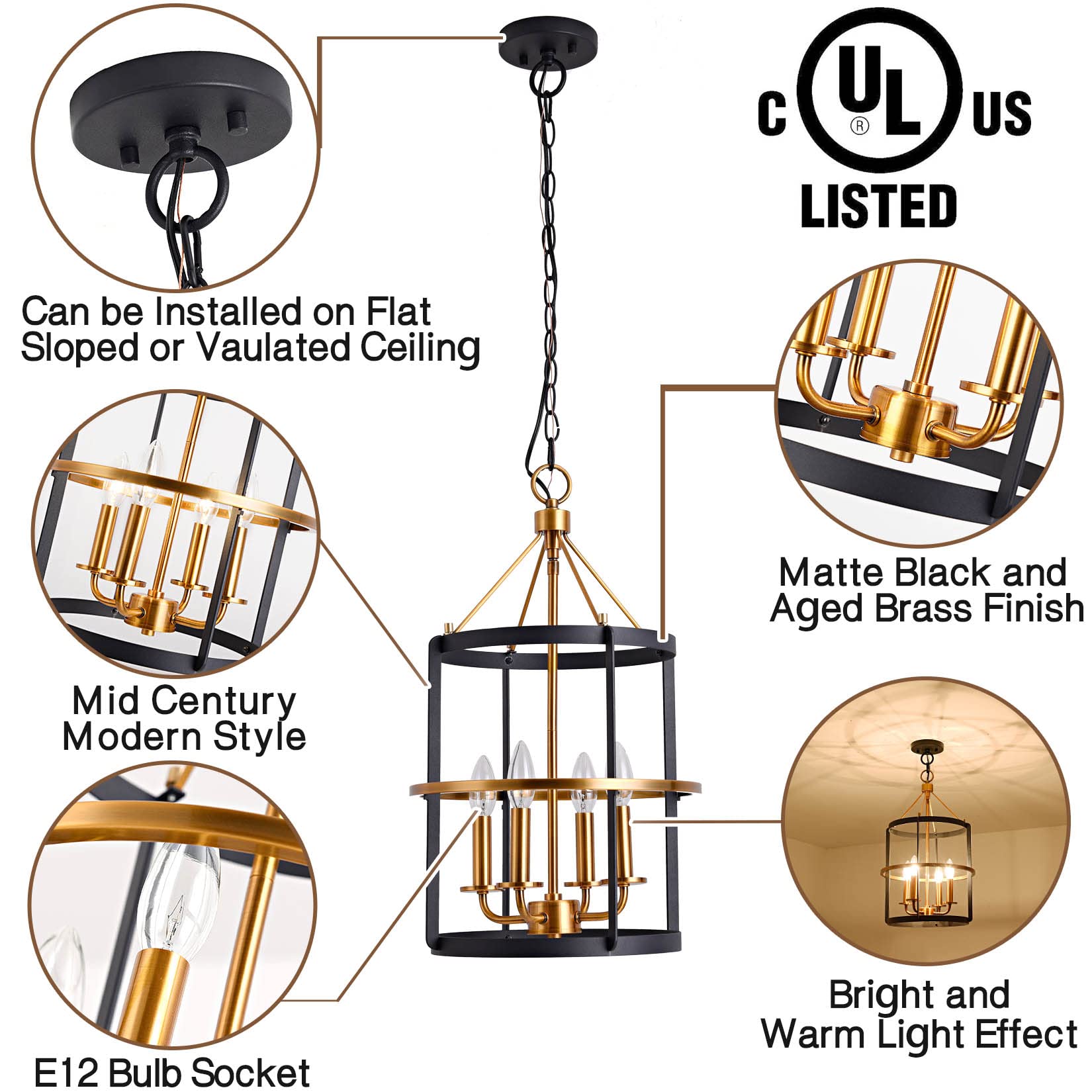 Modern Chandelier,4-Light Lantern Pendant Light,Matte Black and Brass Finish, Light Fixtures Ceiling Hanging,Chandelier Light Fixture for DiningRoom,Kitchen,Foyer,Entryway