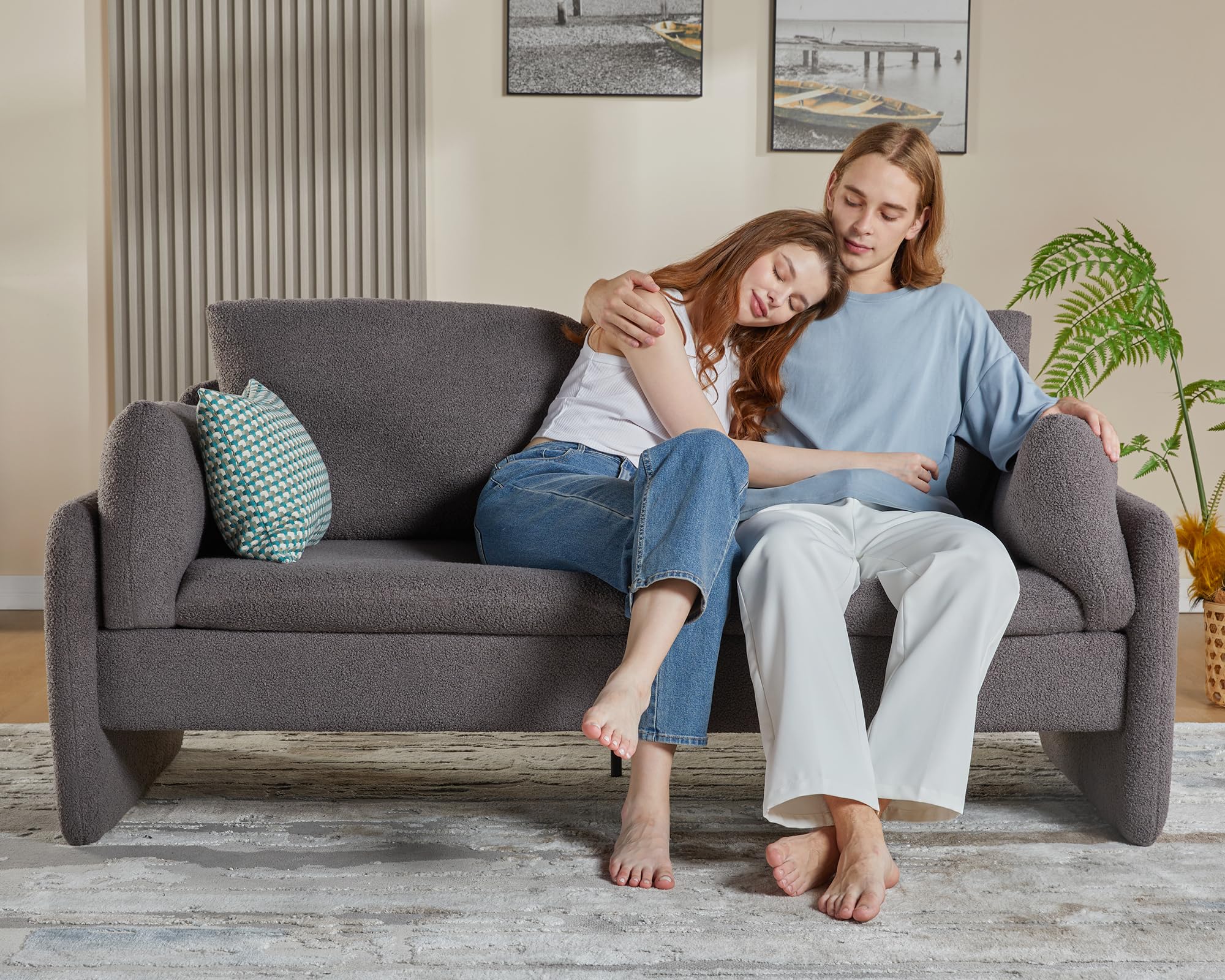 papababe Sofa Couch, Modern Couches with Embedded Armrest, 3-Seater Couch for Living Room, Grey Bouclé Cozy Couch