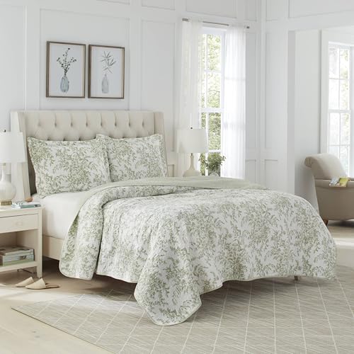 Laura Ashley - Queen Quilt Set, Reversible Cotton Bedding with Matching Shams, Lightweight Home Decor for All Seasons (Bedford Green/Off-White, Queen)